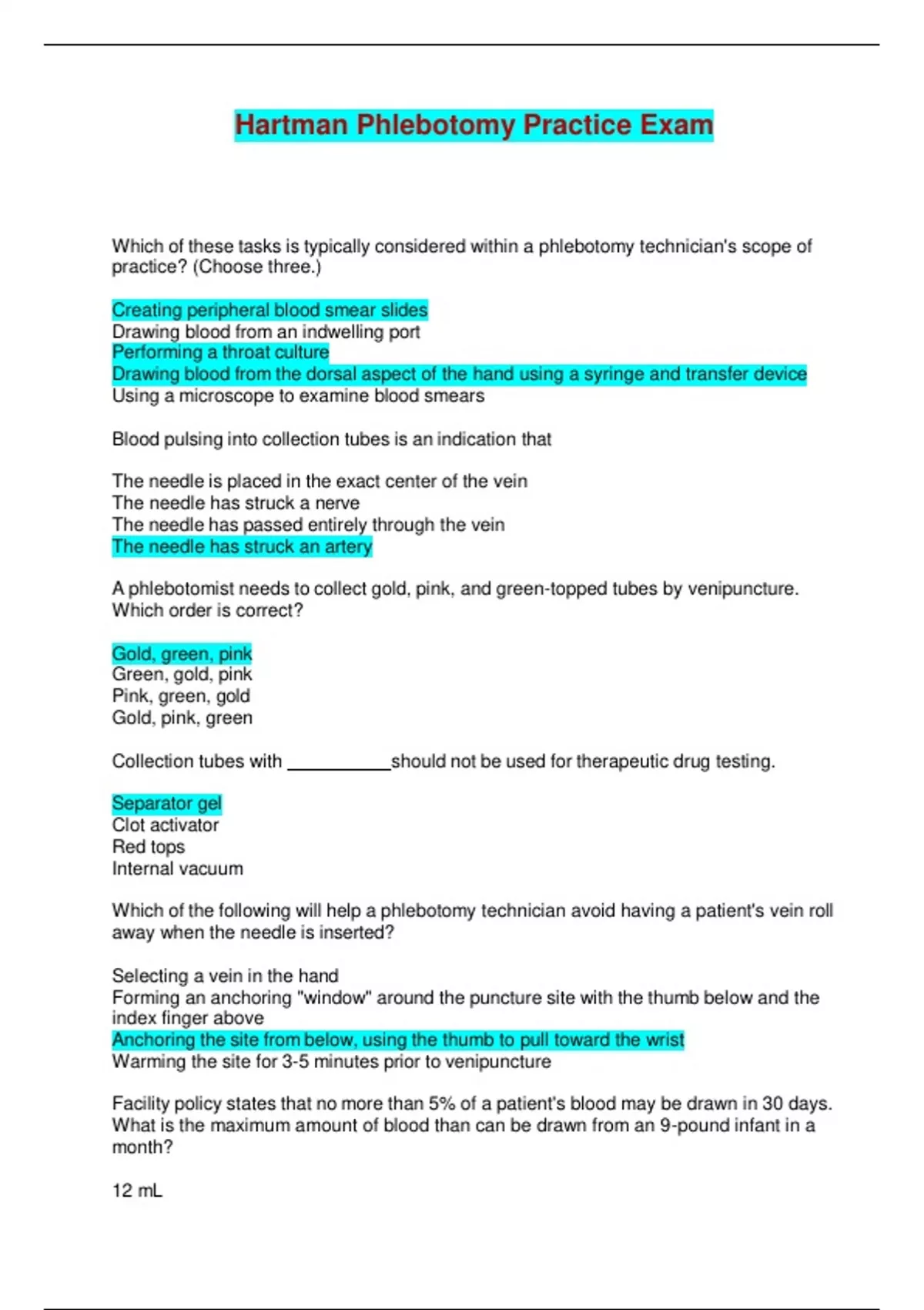 Hartman Phlebotomy Practice Exam | Questions with 100% Correct Answers ...