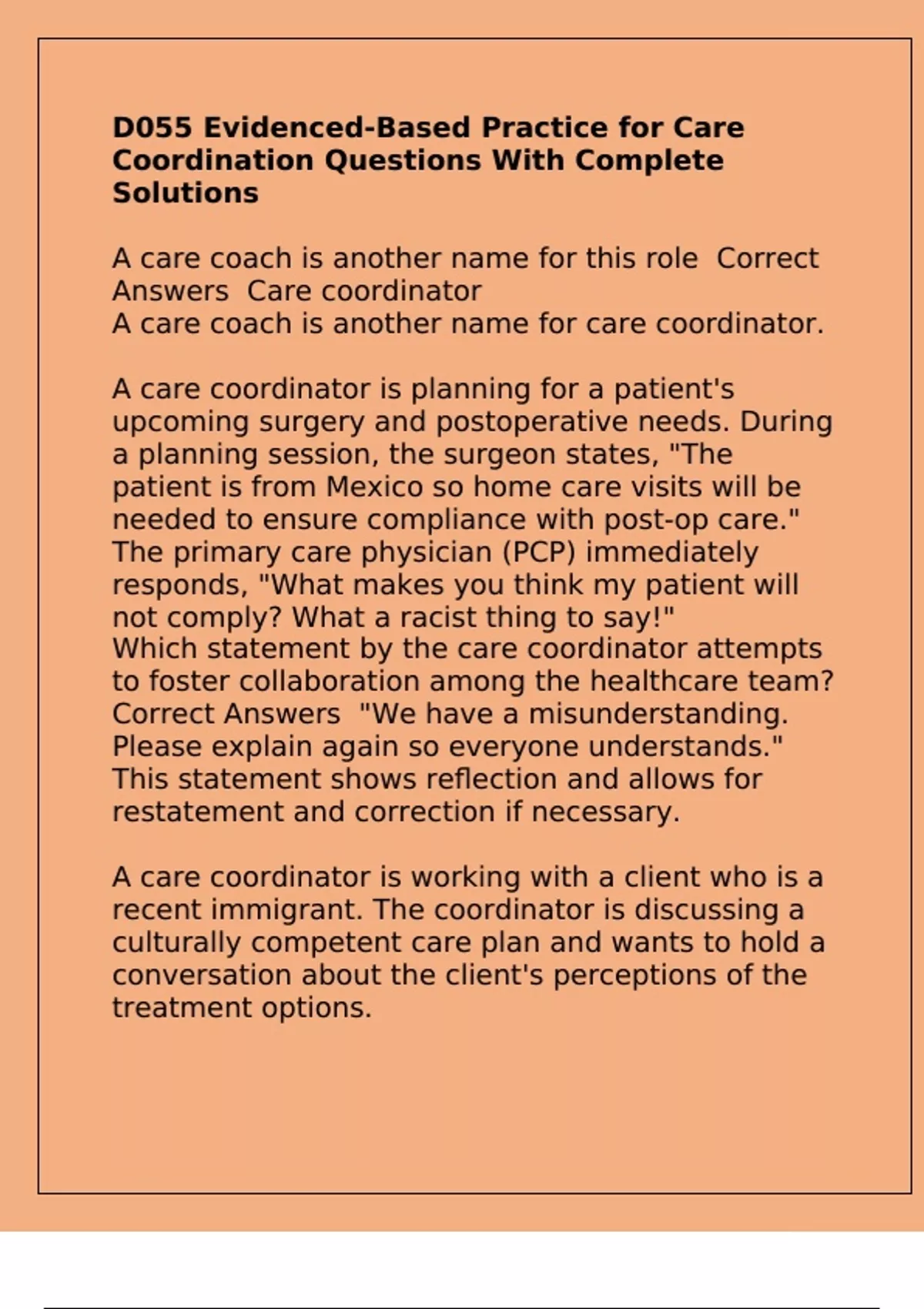 D055 Evidenced-Based Practice for Care Coordination Questions With Complete Solutions - D055 ...
