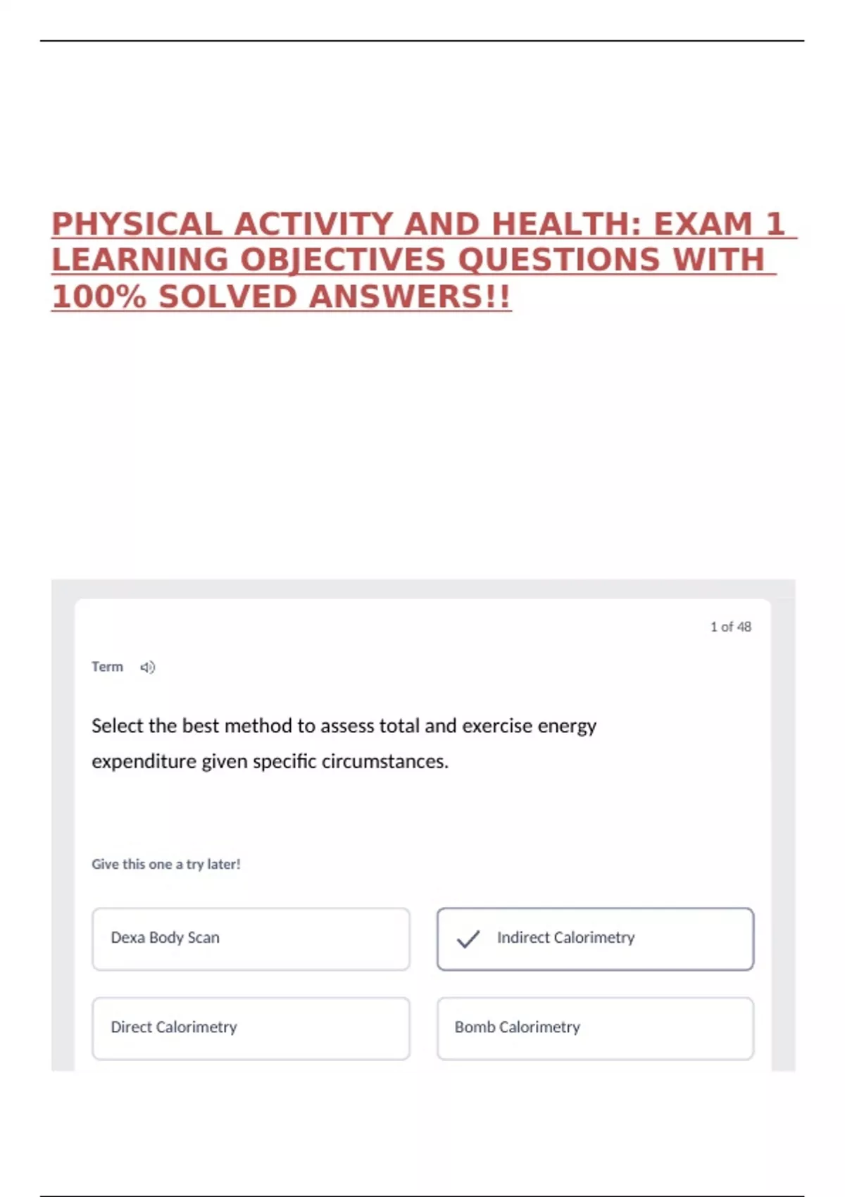 PHYSICAL ACTIVITY AND HEALTH: EXAM 1 LEARNING OBJECTIVES QUESTIONS WITH 100% SOLVED ANSWERS ...