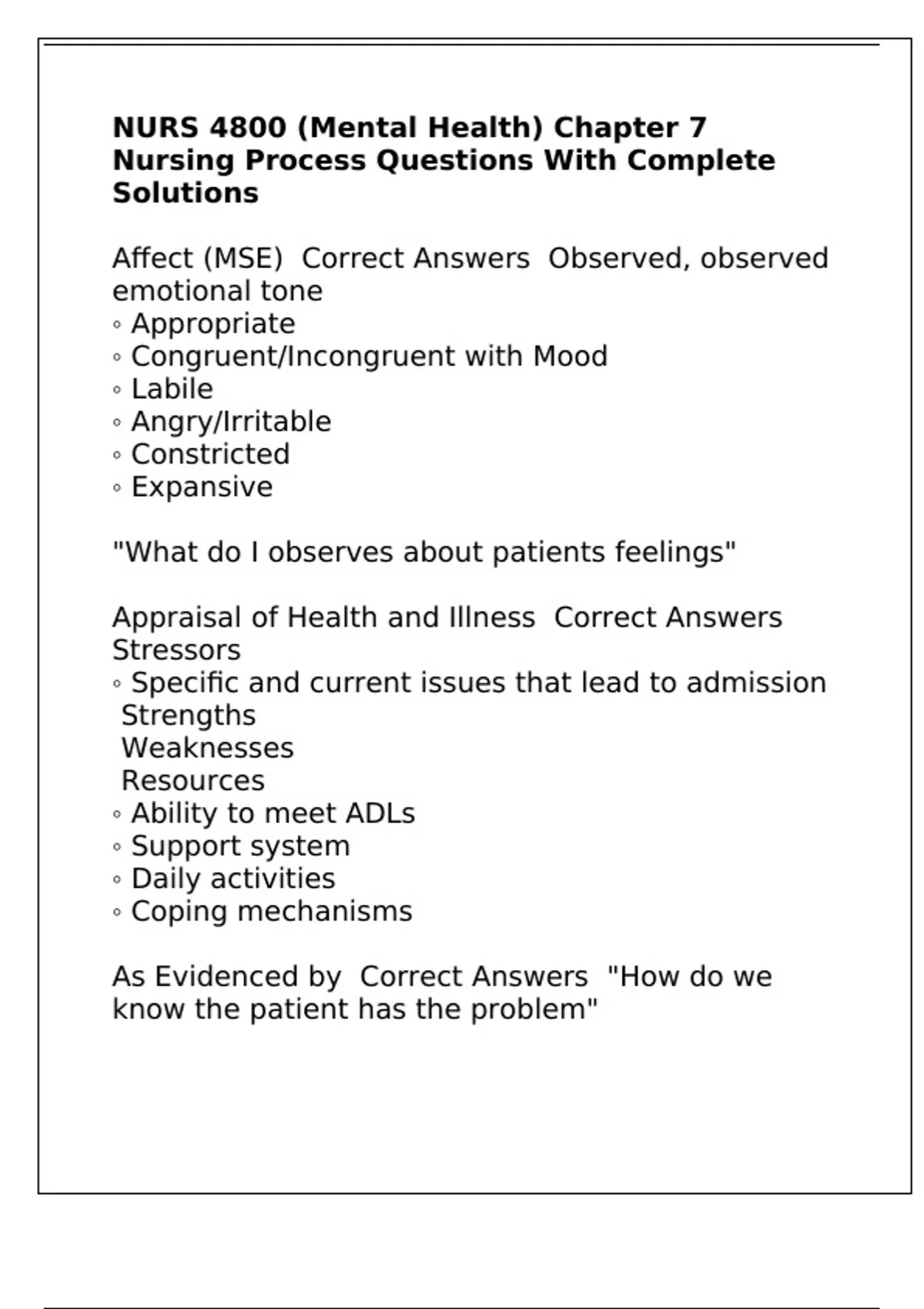 NURS 4800 (Mental Health) Chapter 7 Nursing Process Questions With ...