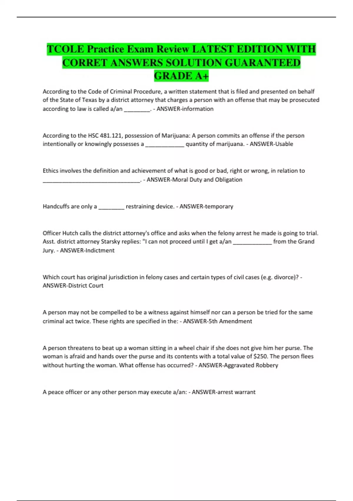 TCOLE Practice Exam Review LATEST EDITION WITH CORRET ANSWERS SOLUTION ...