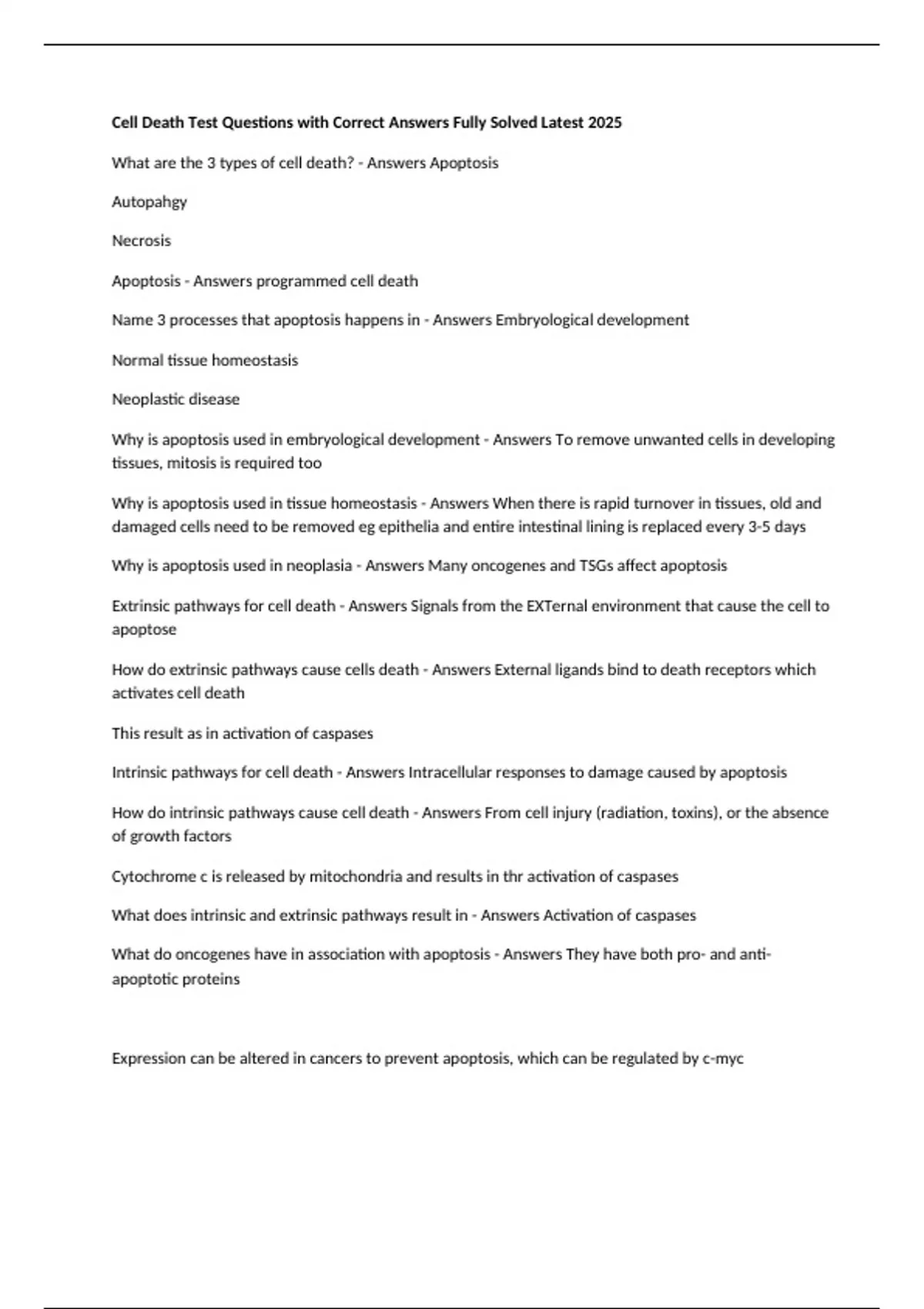 Cell Death Test Questions with Correct Answers Fully Solved Latest 2025 ...