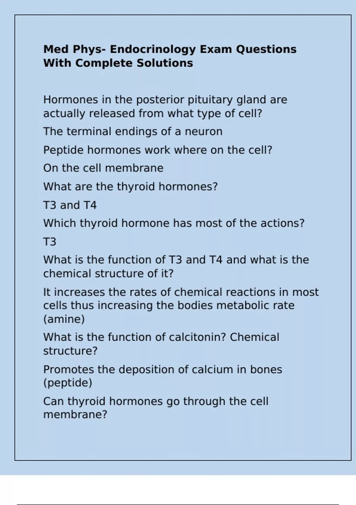 Med Phys- Endocrinology Exam Questions With Complete Solutions - Med Phys - Stuvia US