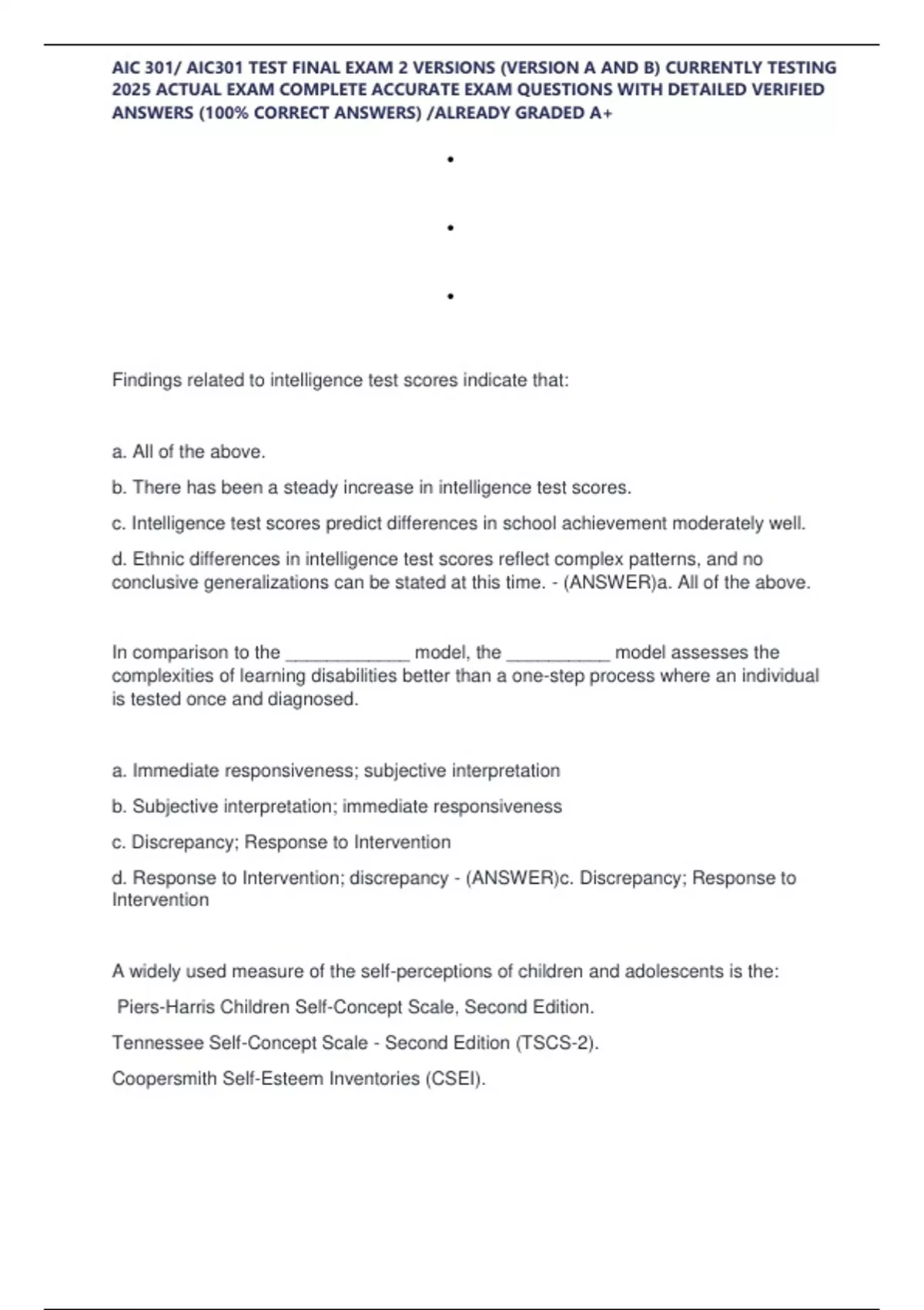 AIC 301/ AIC301 TEST FINAL EXAM 2 VERSIONS (VERSION A AND B) CURRENTLY ...