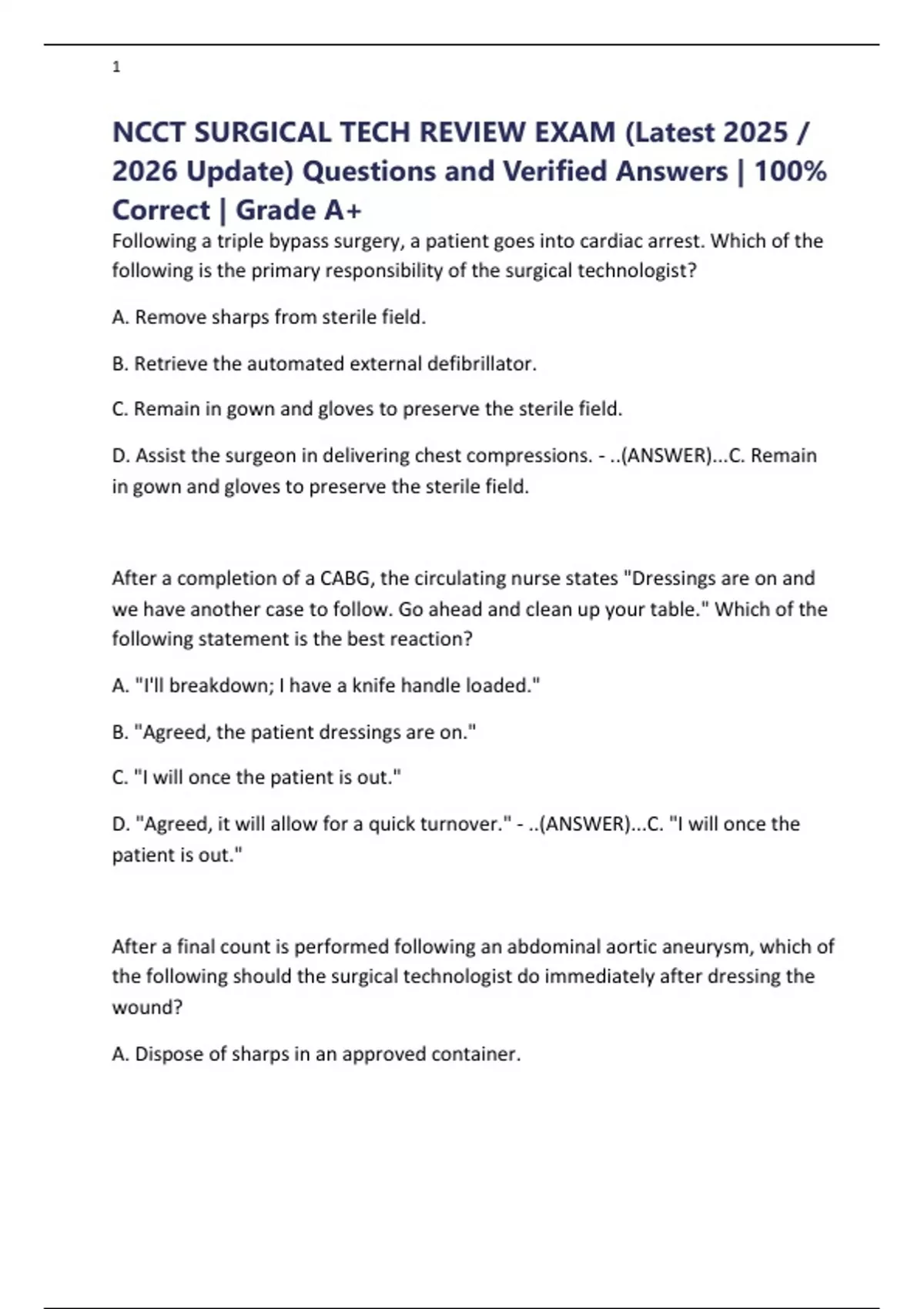 NCCT SURGICAL TECH REVIEW EXAM (Latest 2025 / 2026 Update) Questions ...