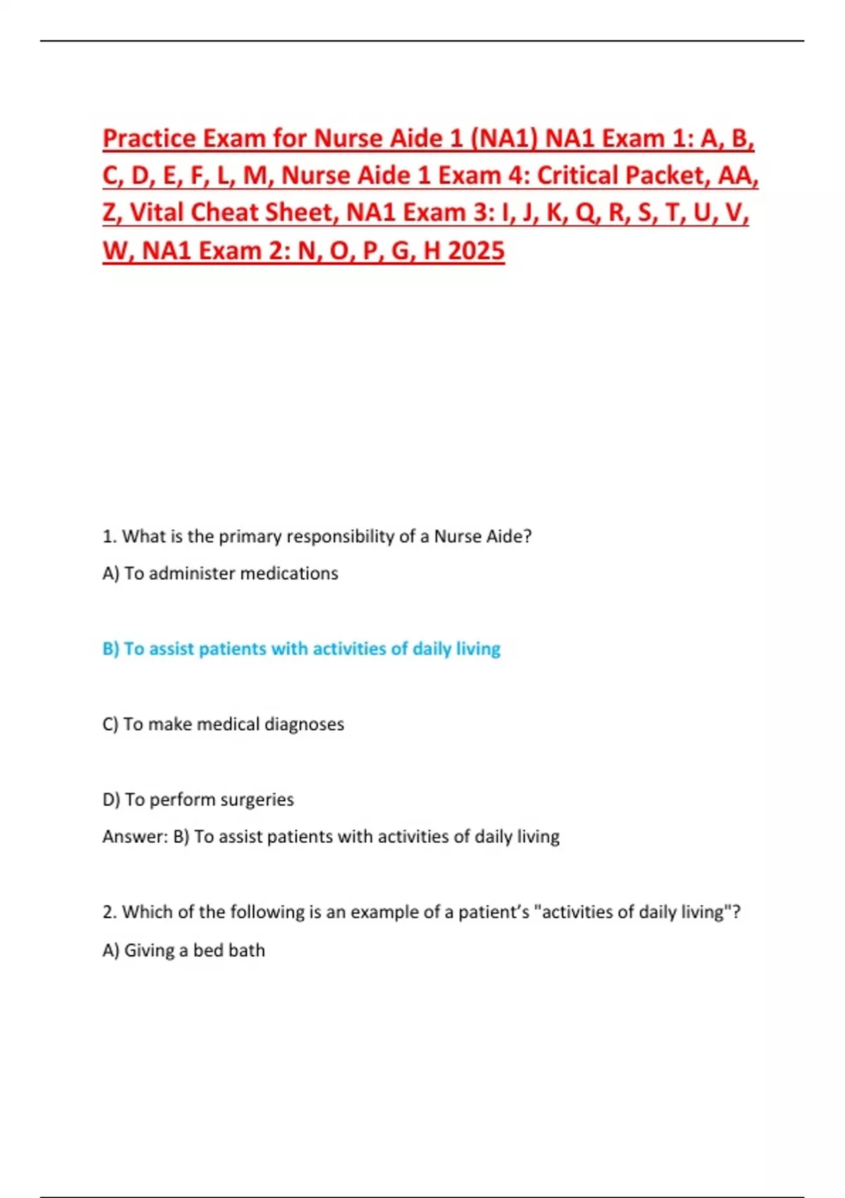 Practice Exam for Nurse Aide 1 (NA1) NA1 Exam 1: A, B, C, D, E, F, L, M ...
