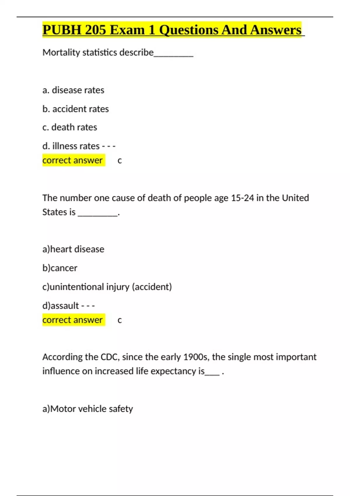 PUBH 205 Exam 1 Questions And Answers.docx - PUBH. - Stuvia US