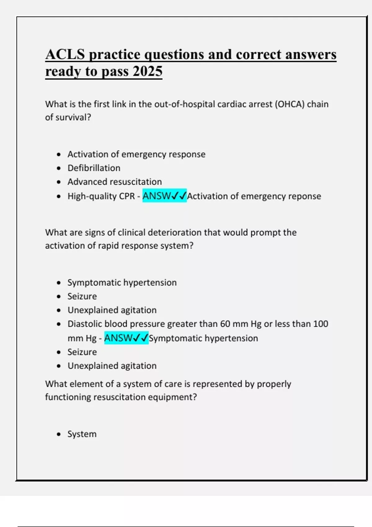 2025 ACLS VERIFIED QUESTIONS AND ANSWERS |READY TO PASS - 2025 ACLS ...