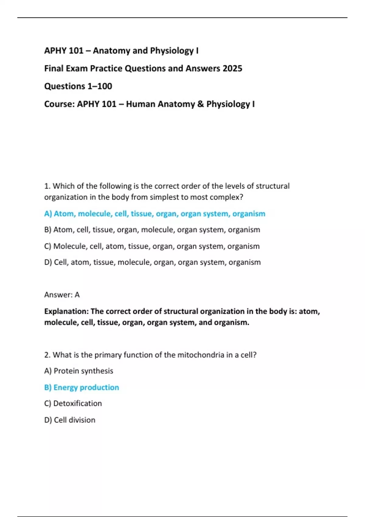 APHY 101 – Anatomy and Physiology I Final Exam Practice Questions and ...