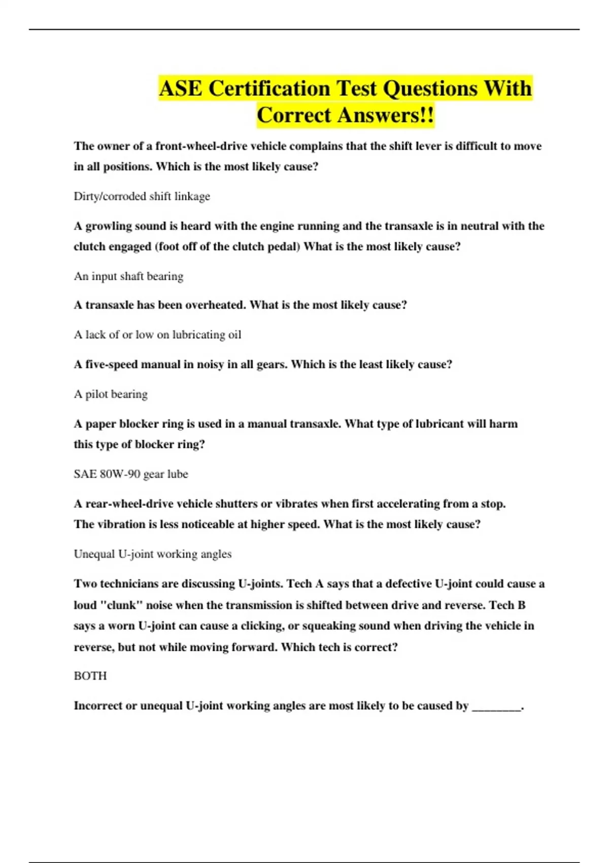 Ase Certification Test Questions With Correct Answers Ase Certification Stuvia Us