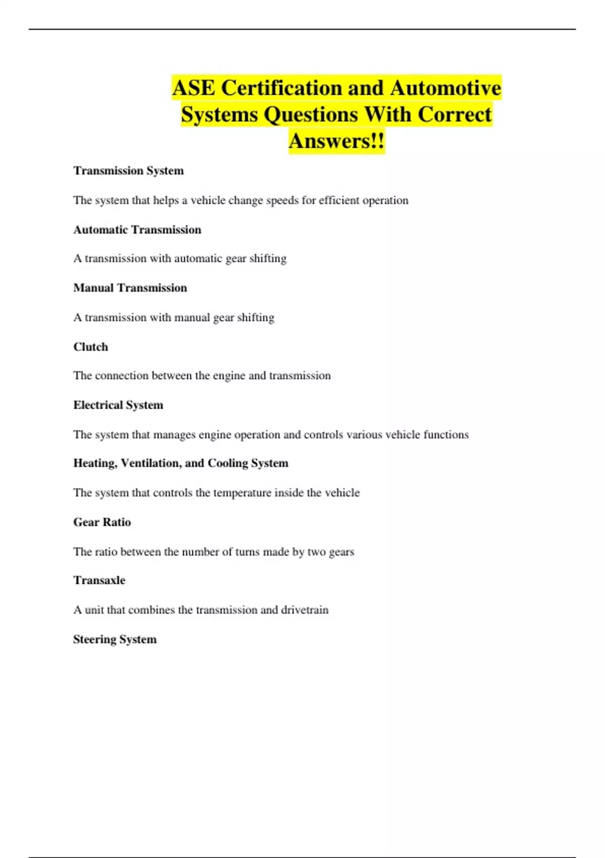 Ase Certification And Automotive Systems Questions With Correct Answers Ase Certification