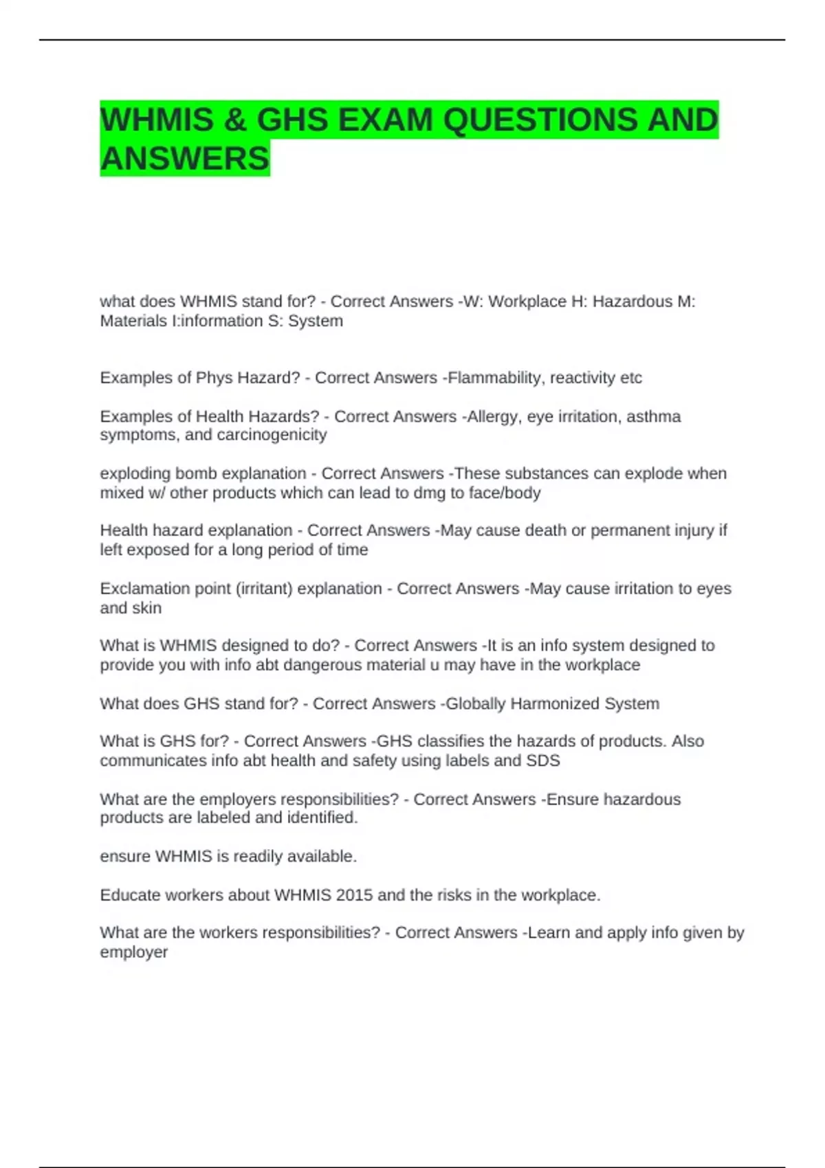 WHMIS & GHS EXAM QUESTIONS AND ANSWERS - WHMIS - Stuvia US