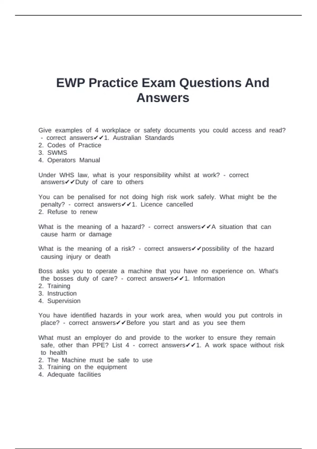 EWP Practice Exam Questions And Answers - EWP HIGH RISK - Stuvia US