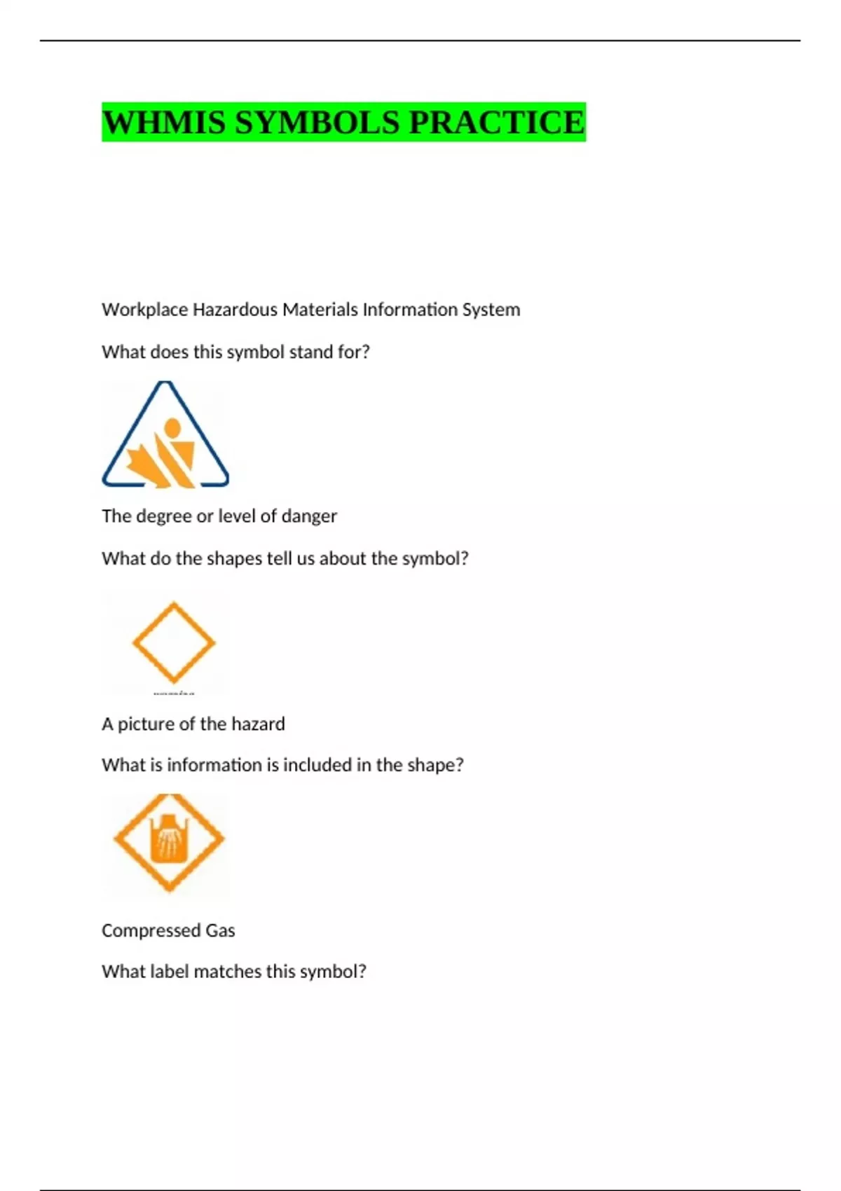 WHMIS SYMBOLS PRACTICE EXAM QUESTIONS WITH CORRECT ANSWERS - WHMIS ...