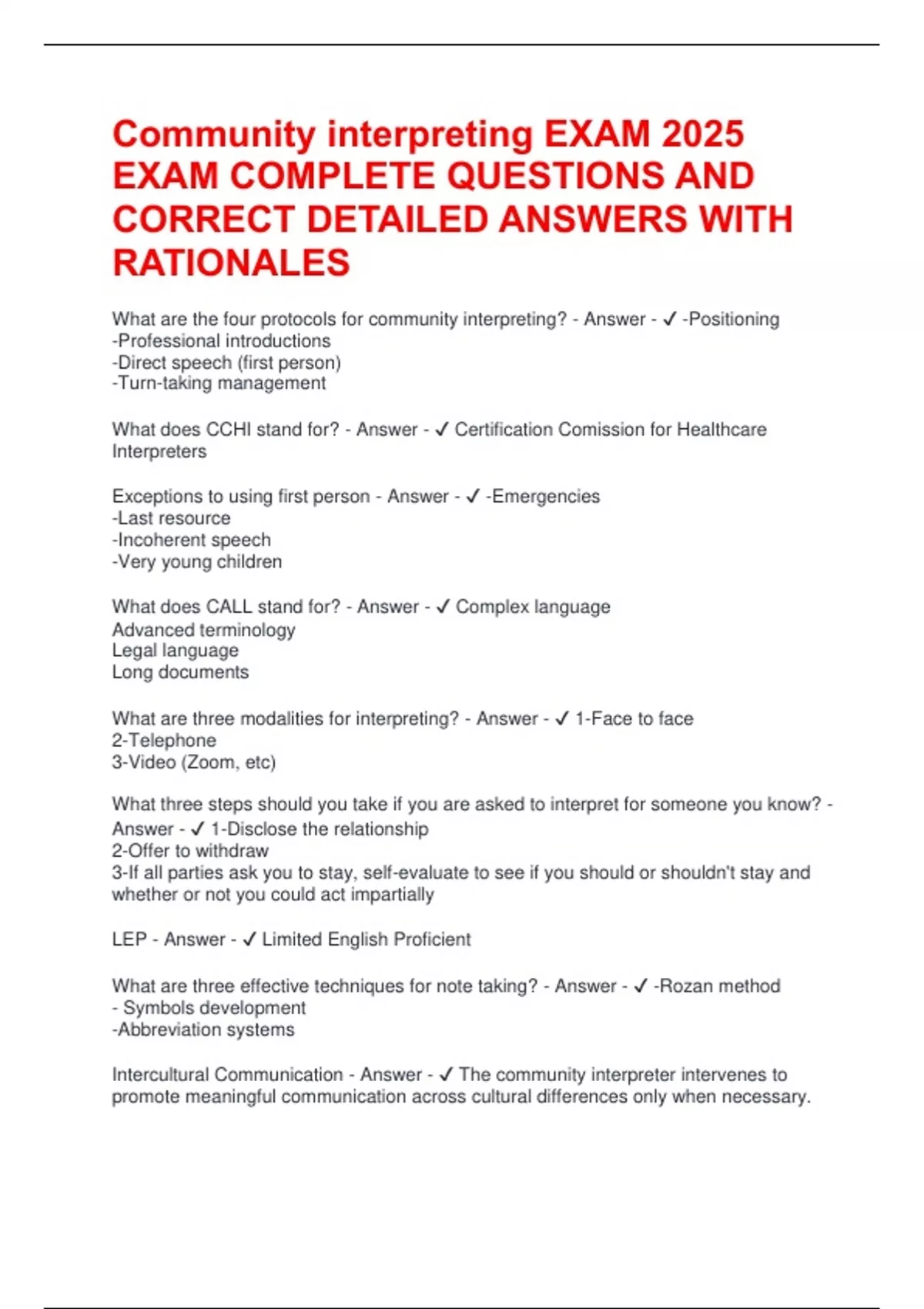 Community interpreting EXAM 2025 EXAM COMPLETE QUESTIONS AND CORRECT ...