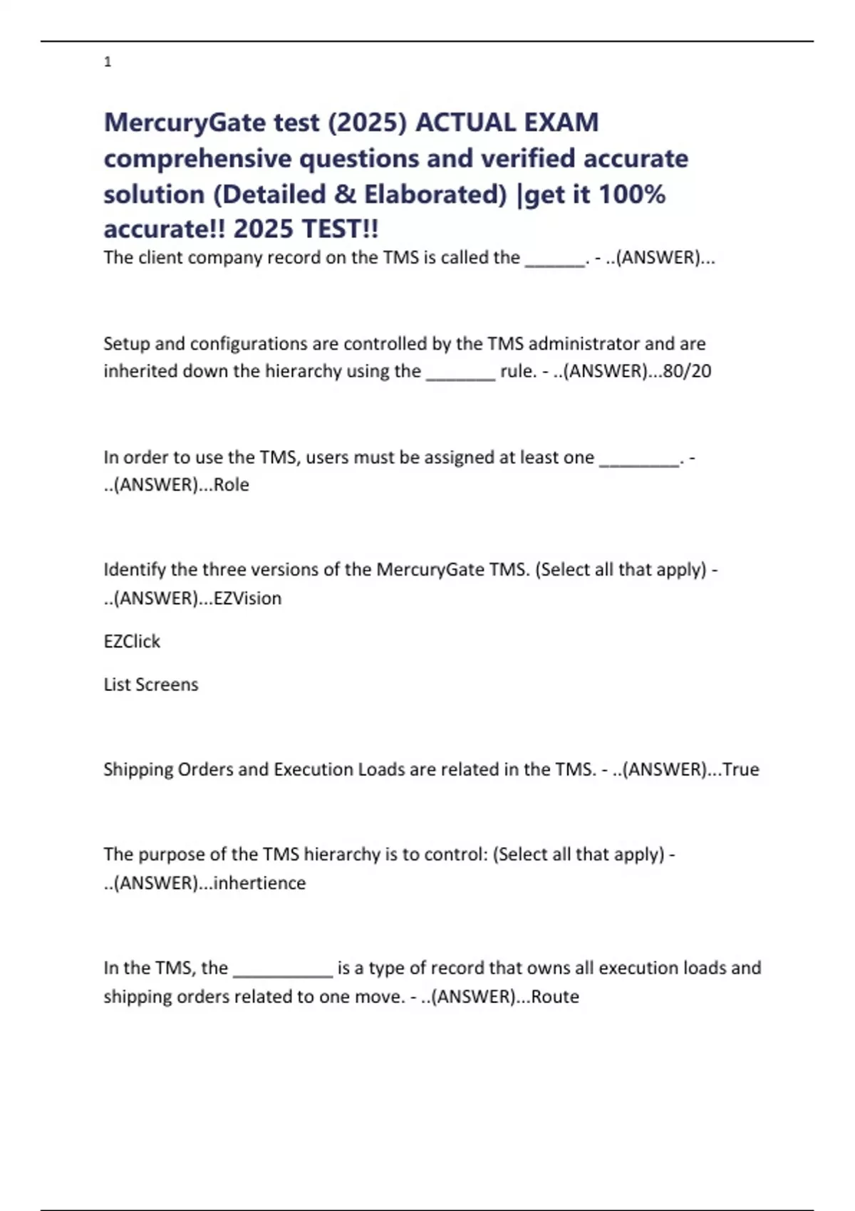 MercuryGate test (2025) ACTUAL EXAM comprehensive questions and ...
