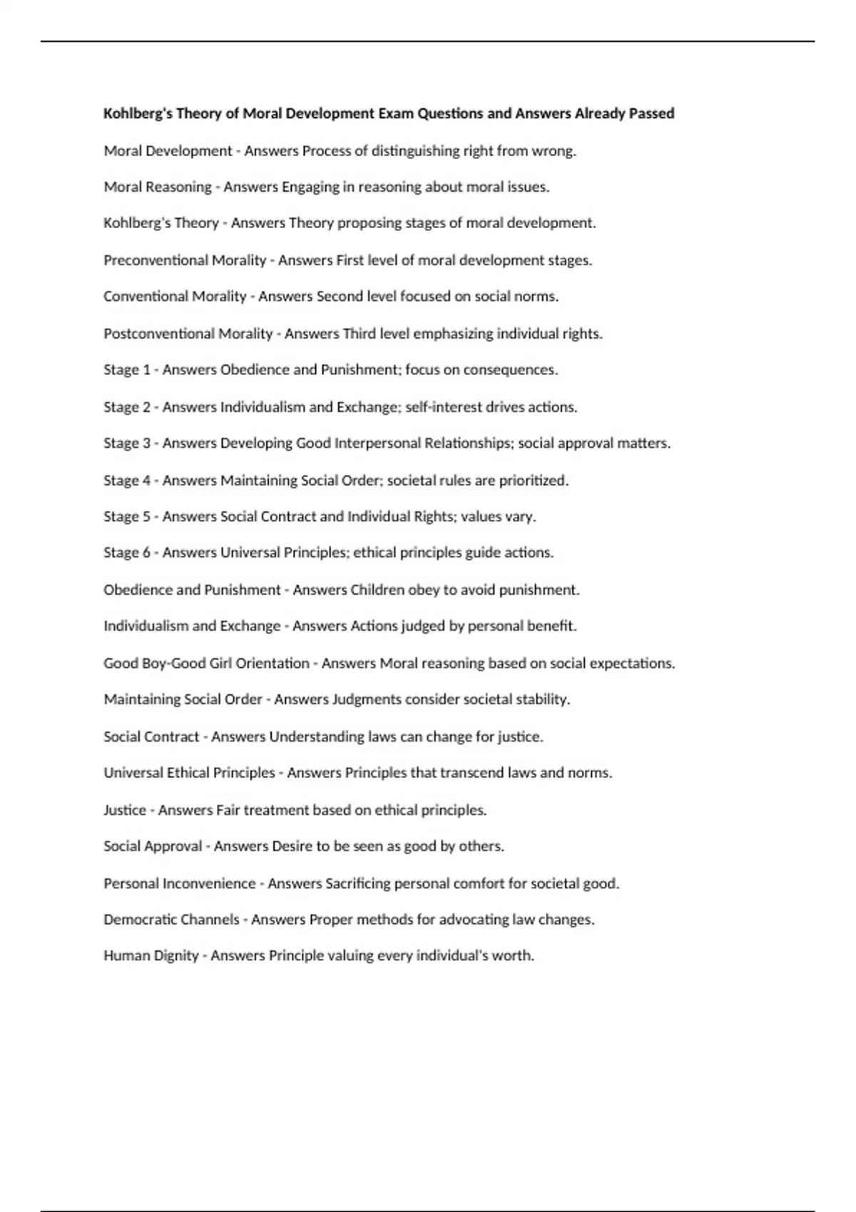 Kohlberg's Theory of Moral Development Exam Questions and Answers ...