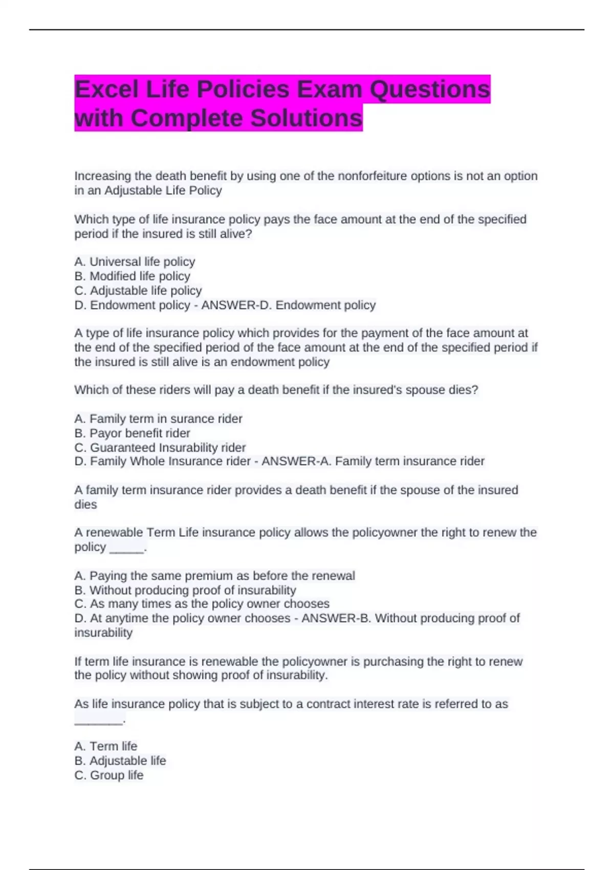 Excel Life Policies Exam Questions with Complete Solutions - Excel Life ...