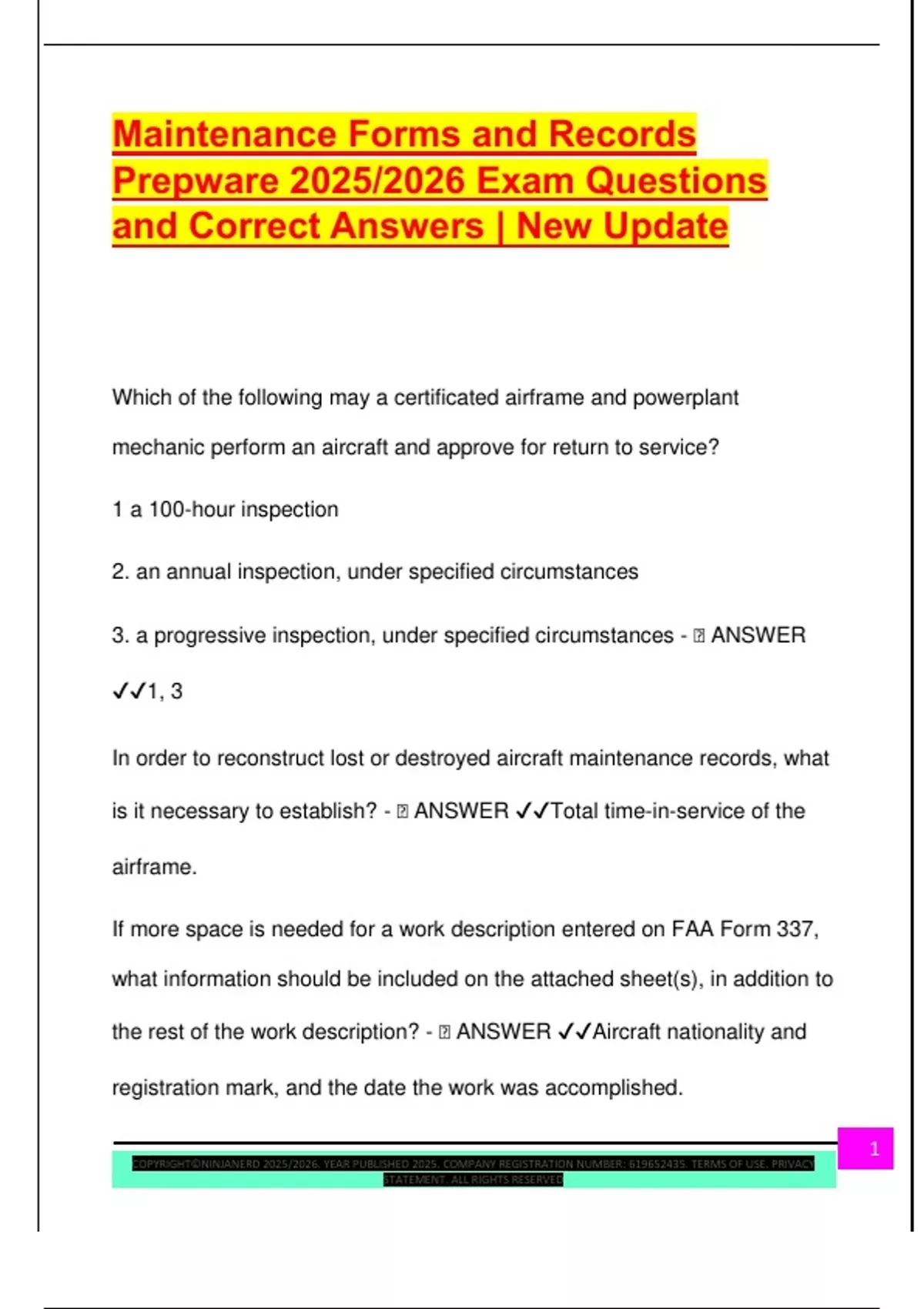 Maintenance Forms and Records Prepware 2025/2026 Exam Questions and ...