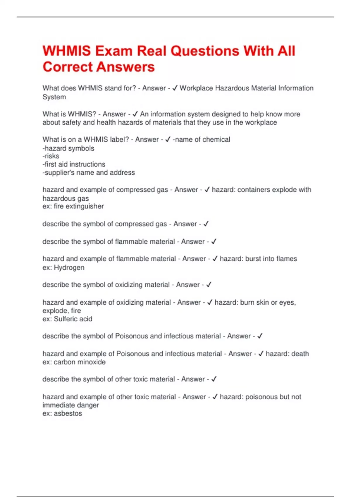 WHMIS Exam Real Questions With All Correct Answers - WHMIS - Stuvia US