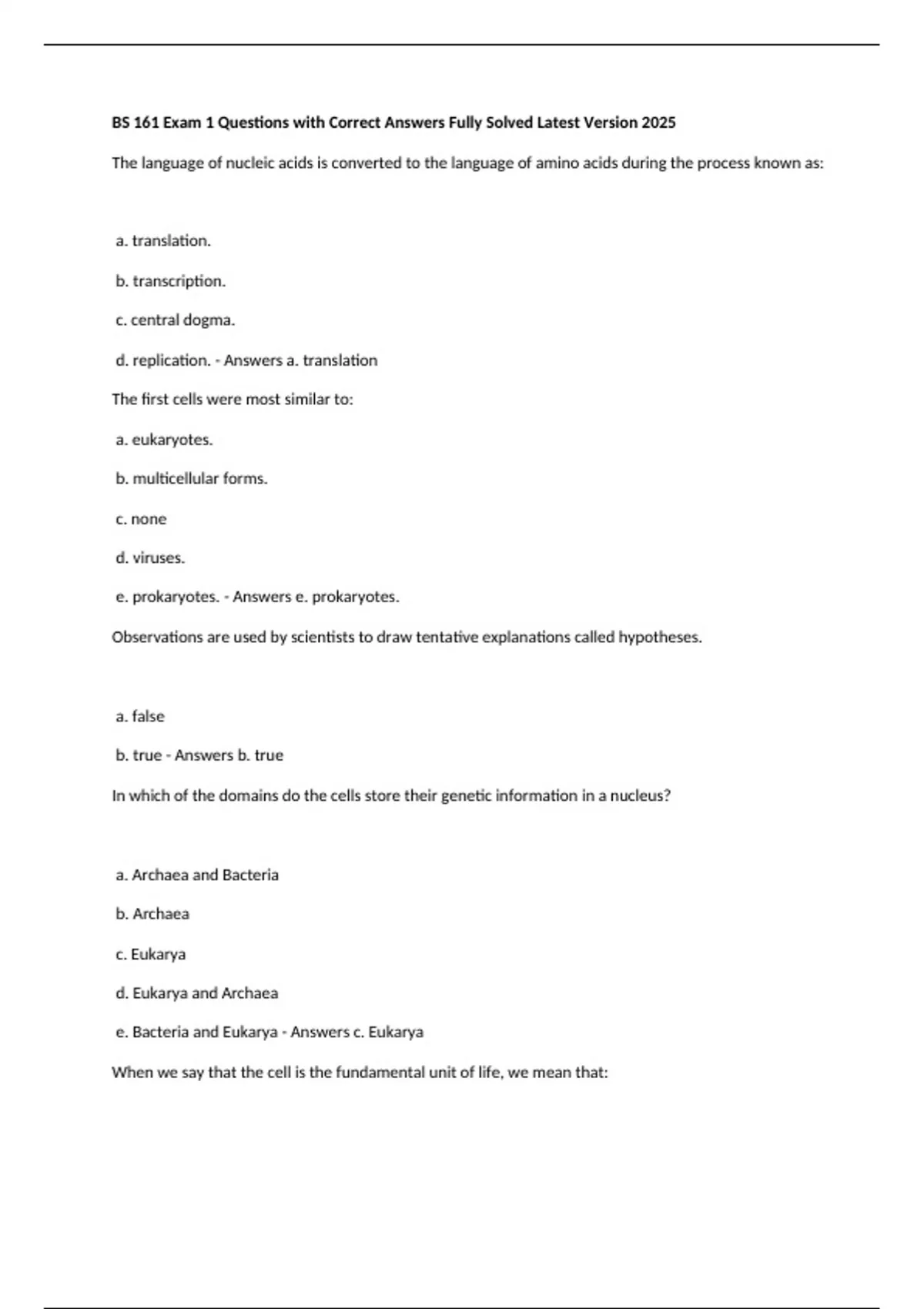 BS 161 Exam 1 Questions with Correct Answers Fully Solved Latest ...