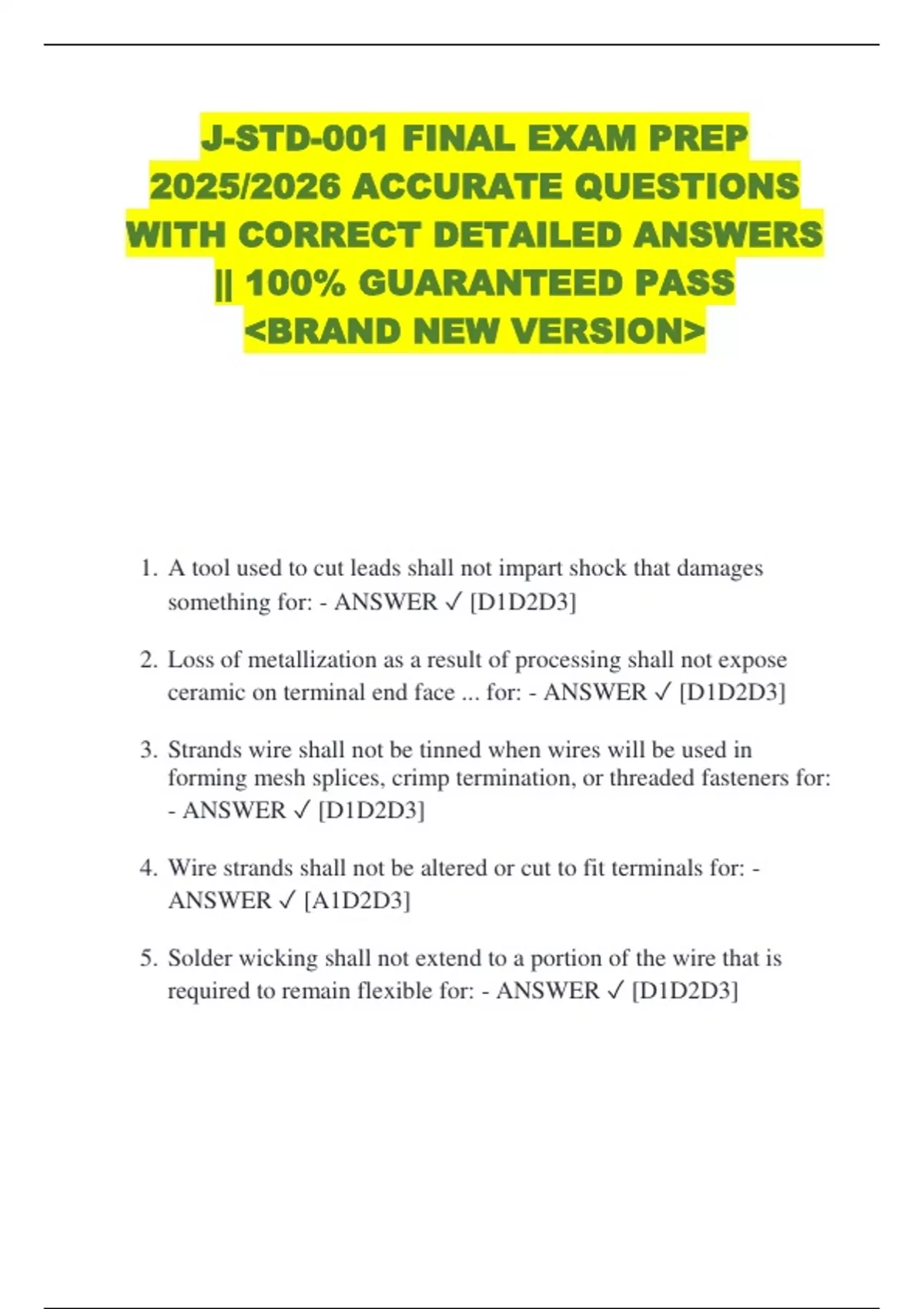 J-STD-001 FINAL EXAM PREP 2025/2026 ACCURATE QUESTIONS WITH CORRECT DETAILED ANSWERS || 100% ...