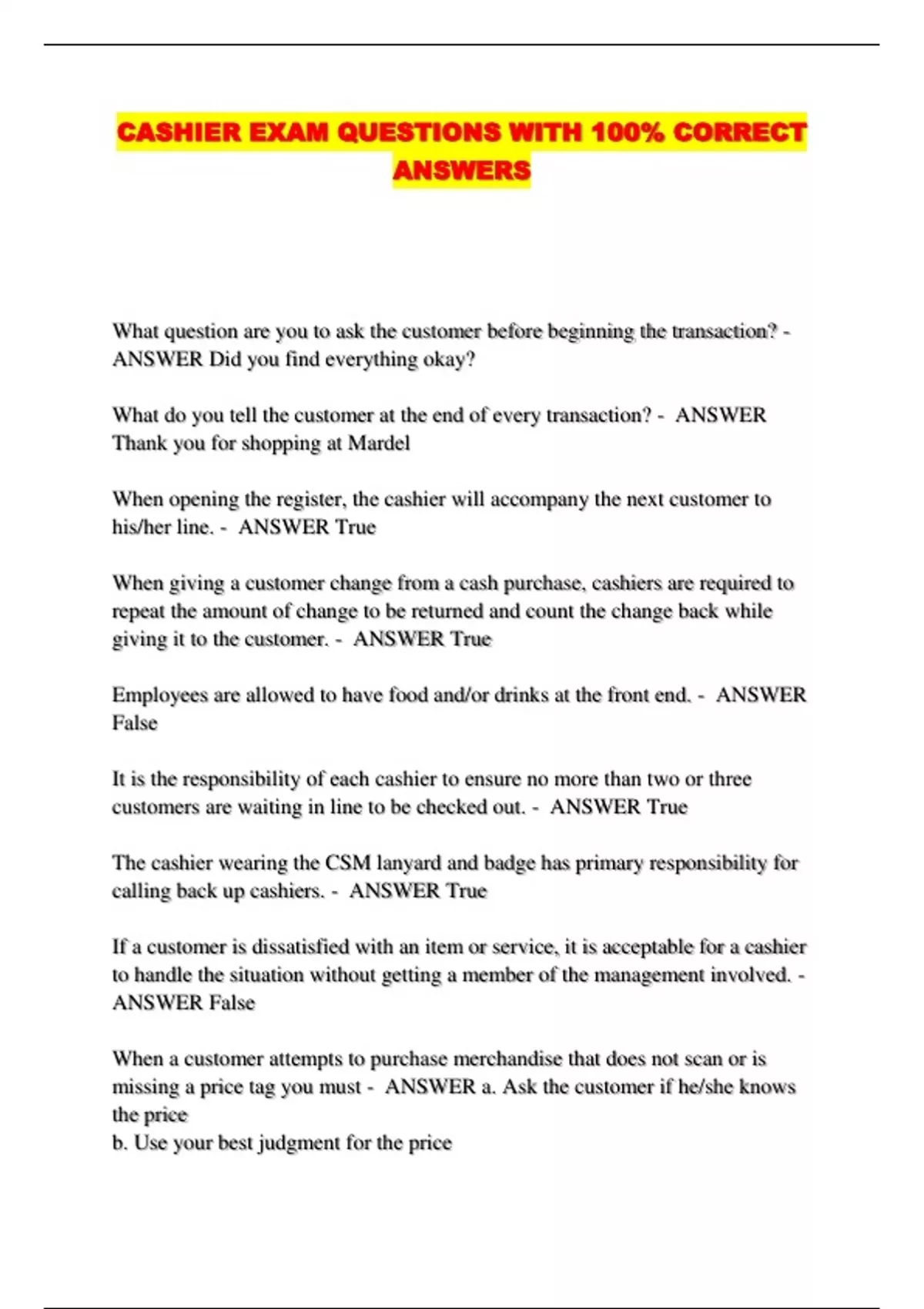 CASHIER EXAM QUESTIONS WITH 100% CORRECT ANSWERS - CASHIER - Stuvia US