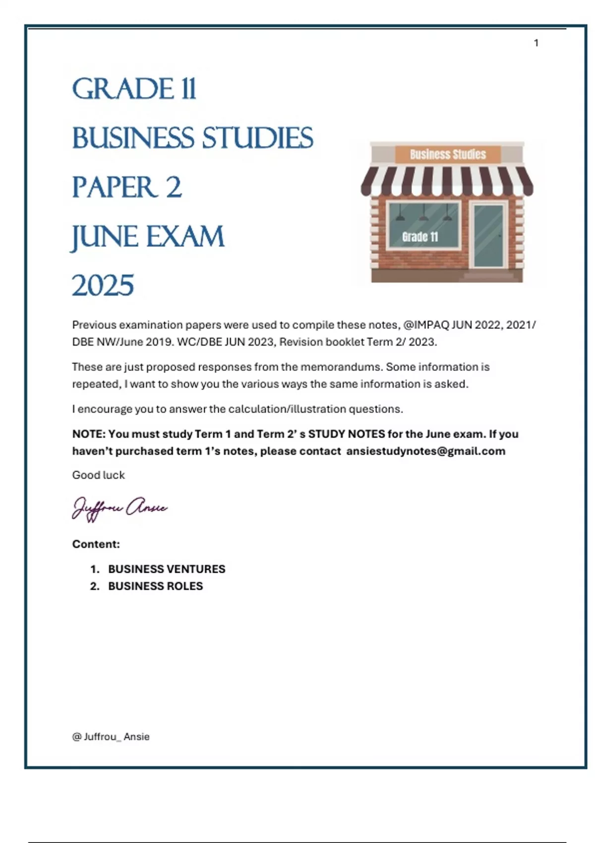 Summary Gr 11 Business Studies Paper 2 June 2025 - Business Studies ...