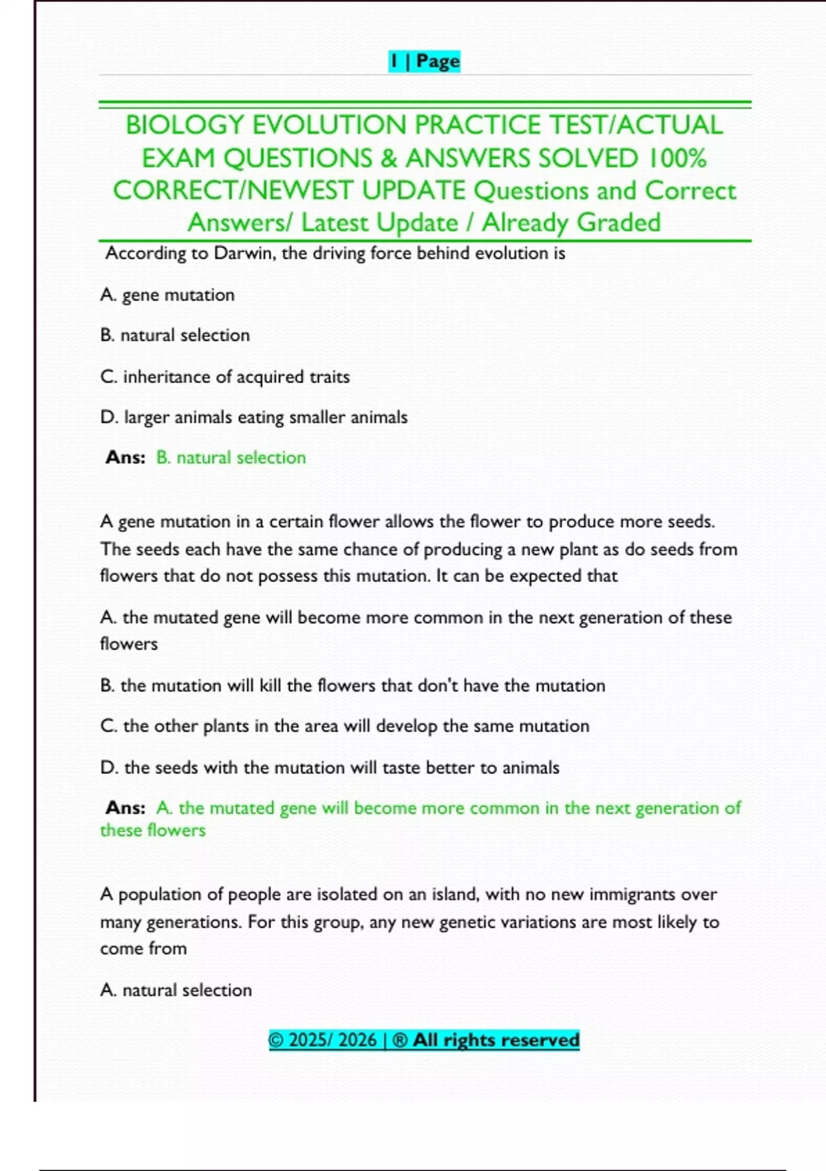 Biology – Evolution Practice Test – 2025/2026 – Solved Multiple-Choice ...