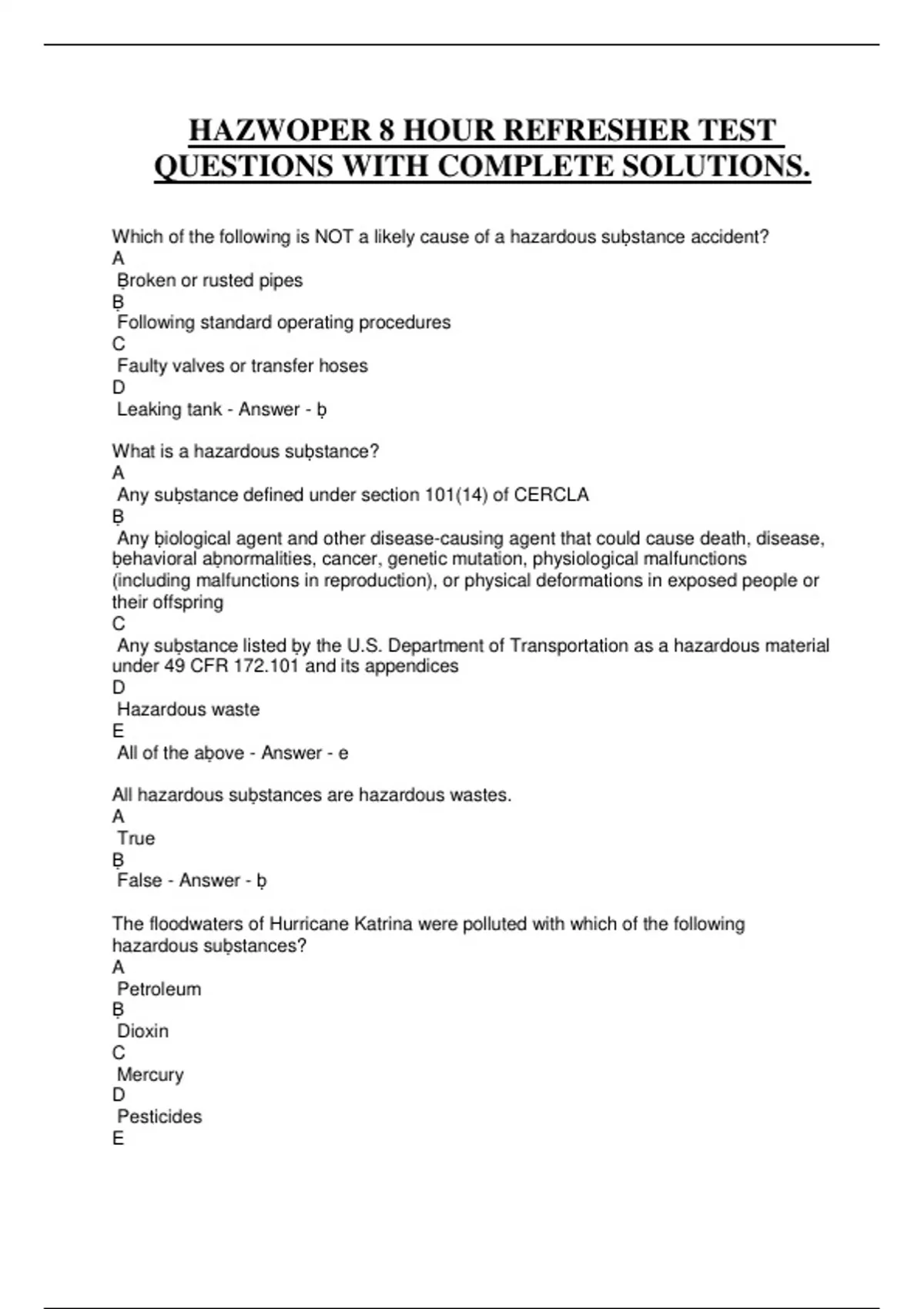 HAZWOPER 8 HOUR REFRESHER TEST QUESTIONS WITH COMPLETE SOLUTIONS ...