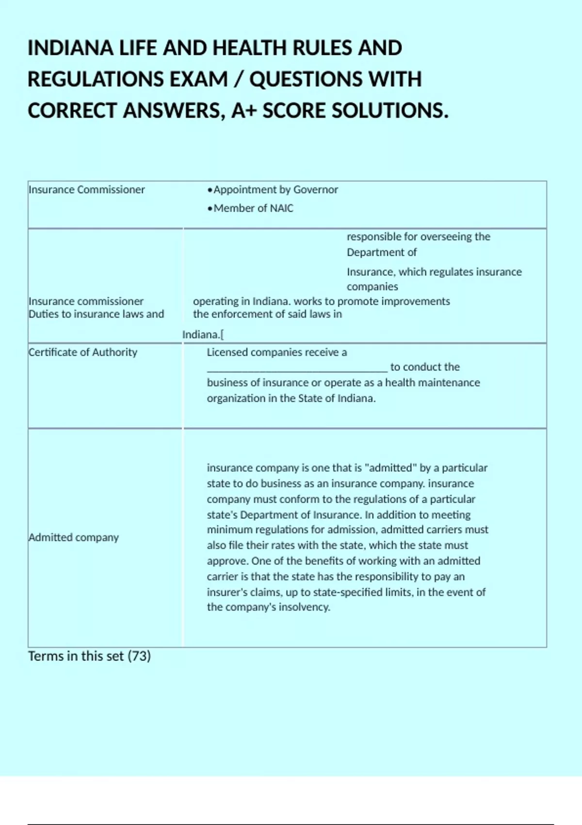 INDIANA LIFE AND HEALTH RULES AND REGULATIONS EXAM / QUESTIONS WITH ...