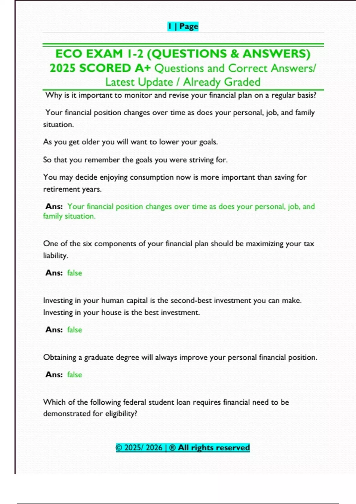 Economics Exam 1 | 2025–2026 | A+ Graded Multiple Choice with Correct ...