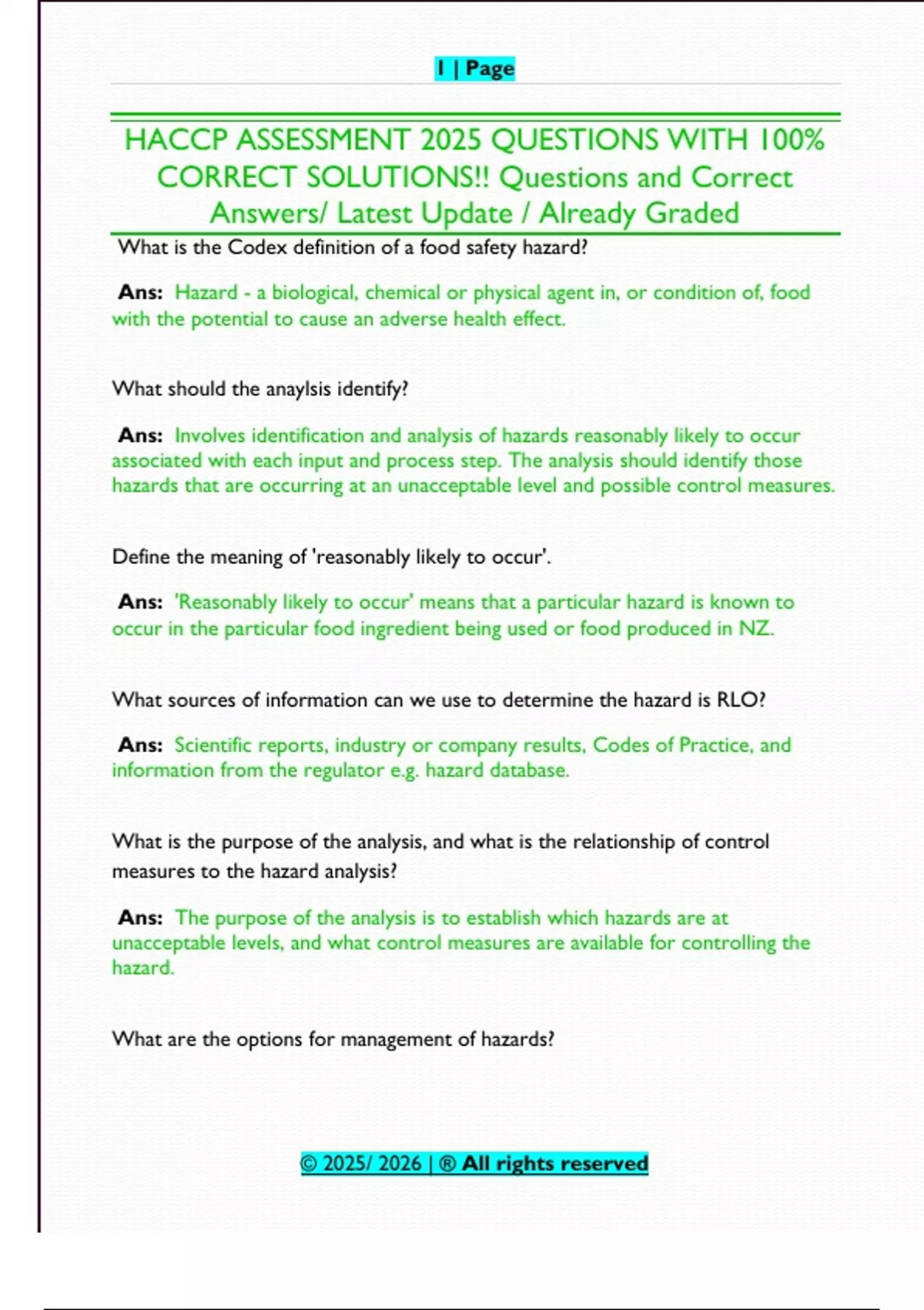 Food Safety and HACCP Assessment – 2025 Questions with Model Answers | UK Curriculum | Complete ...