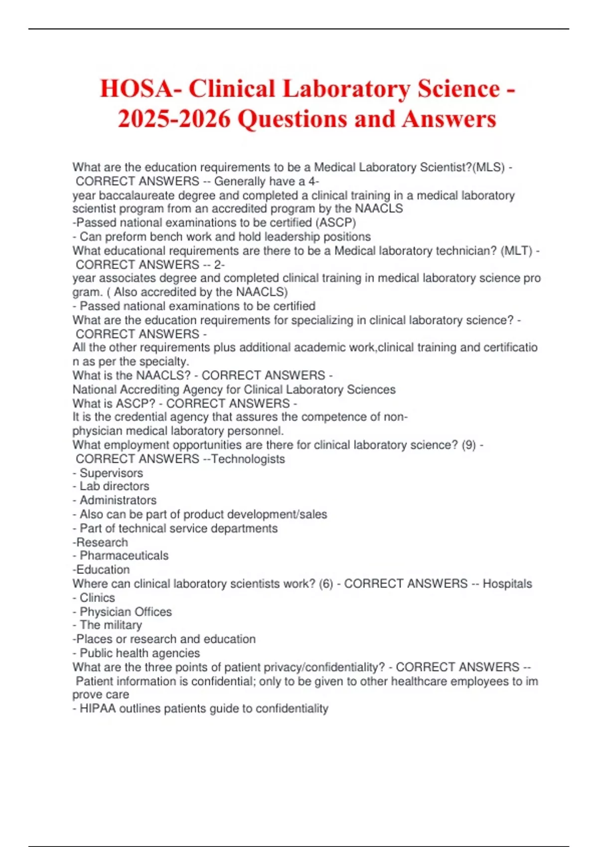 HOSA- Clinical Laboratory Science - Questions and Answers - MLS ...