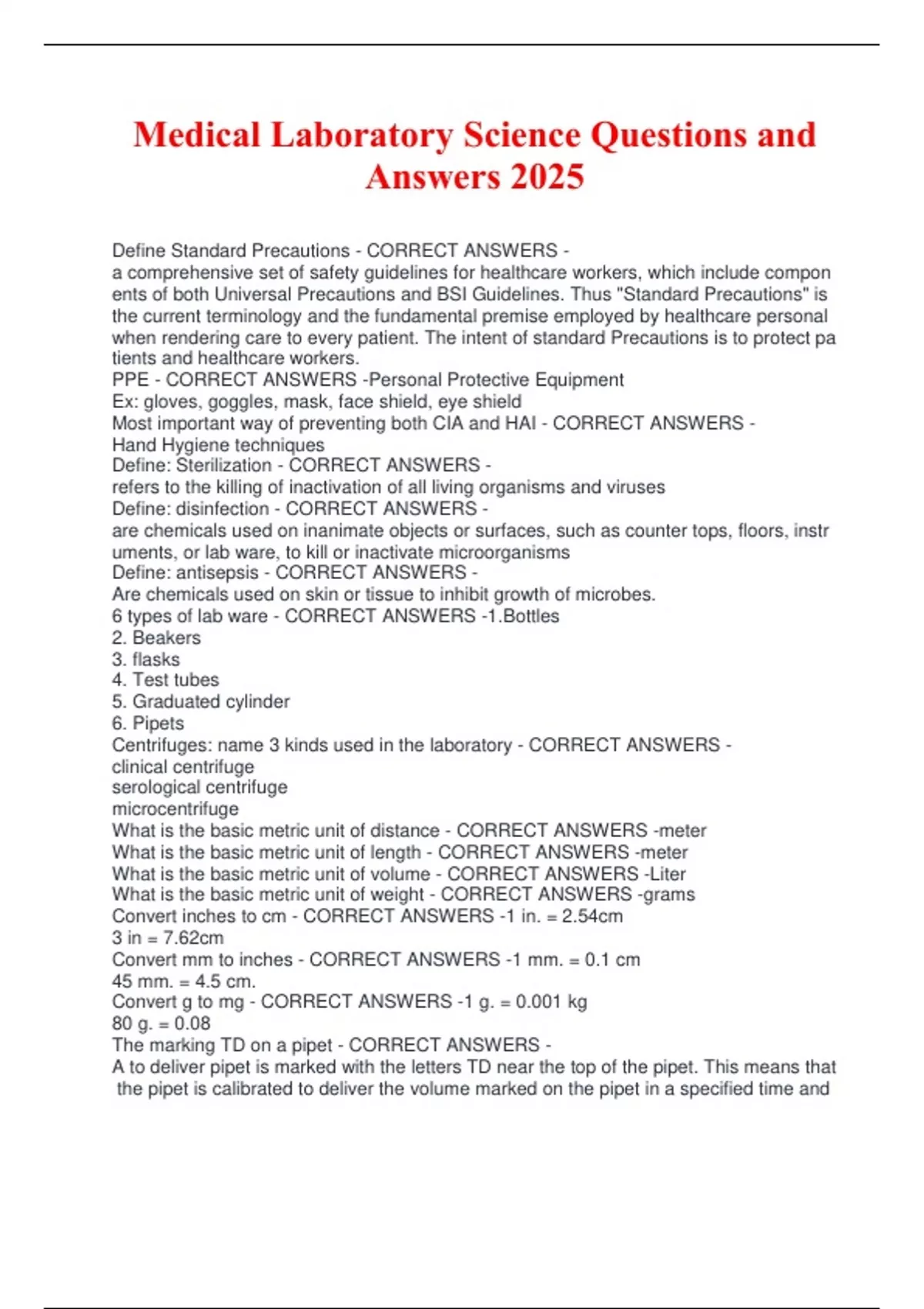 Medical Laboratory Science Questions and Answers 2025 - MLS - Medical ...