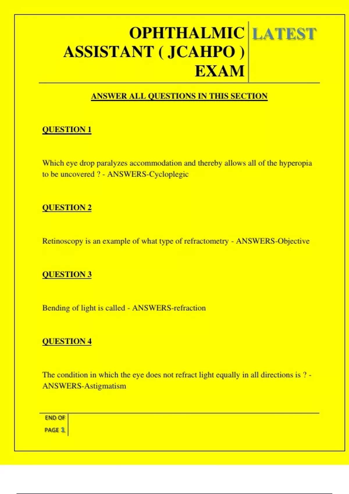 OPHTHALMIC ASSISTANT ( JCAHPO ) EXAM QUESTIONS AND ANSWERS 2025 ...