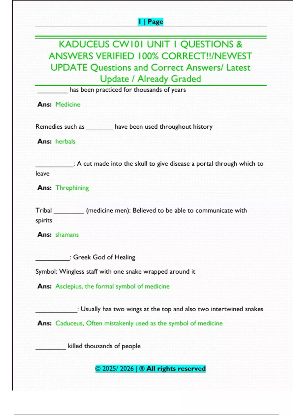 Kaduceus CW101 – Unit 1 – Verified Questions and Answers | 2025/2026 ...