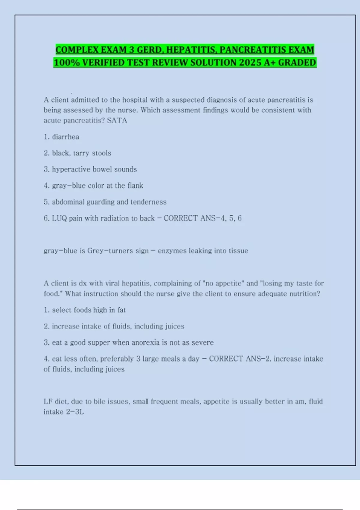 COMPLEX EXAM 3 GERD, HEPATITIS, PANCREATITIS EXAM 100% VERIFIED TEST ...