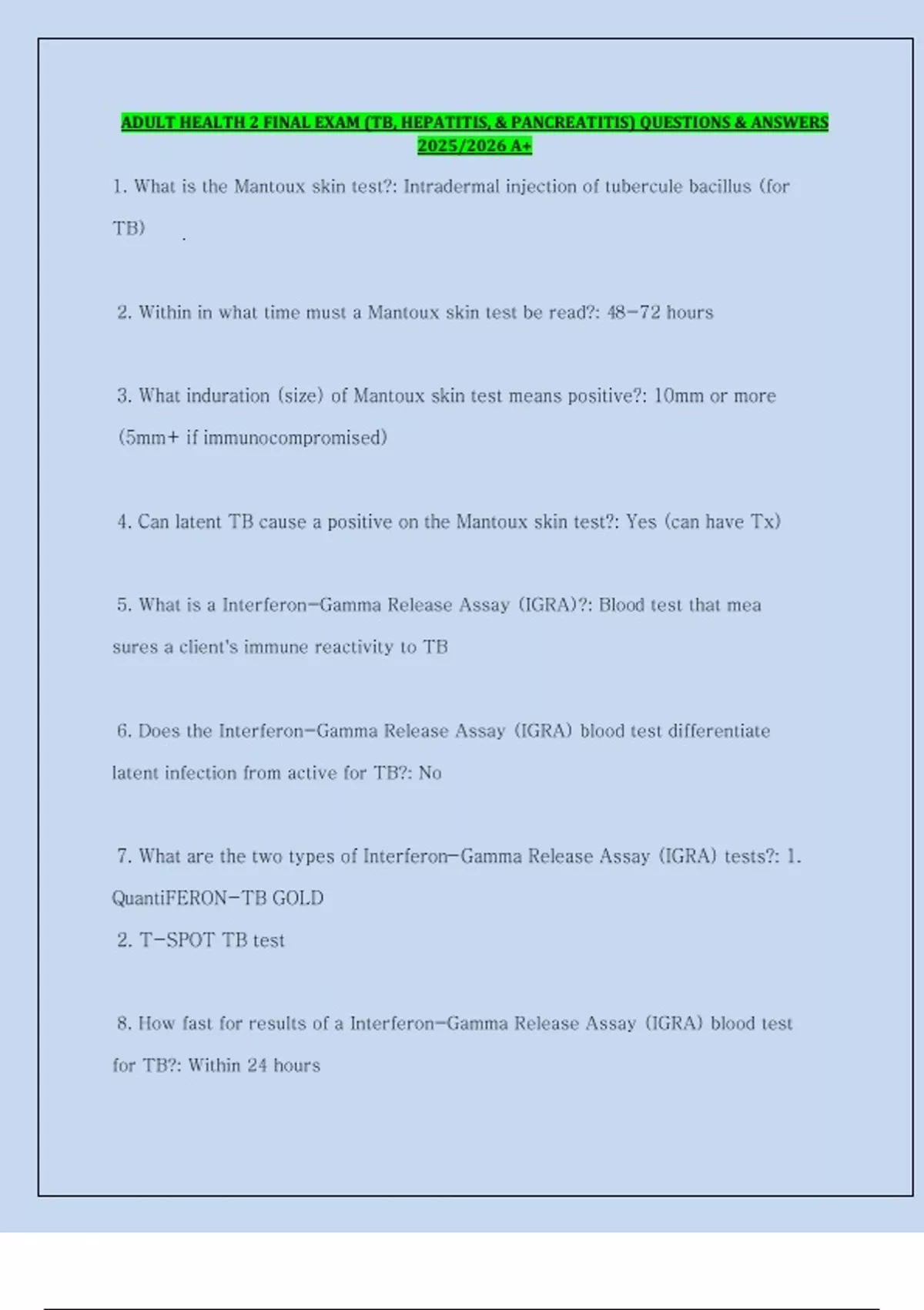 ADULT HEALTH 2 FINAL EXAM (TB, HEPATITIS, & PANCREATITIS) QUESTIONS & ANSWERS 2025/2026 A+ ...