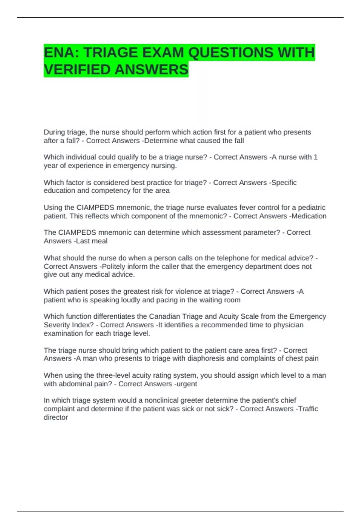 ENA TRIAGE EXAM QUESTIONS WITH VERIFIED ANSWERS - Ena - Stuvia US