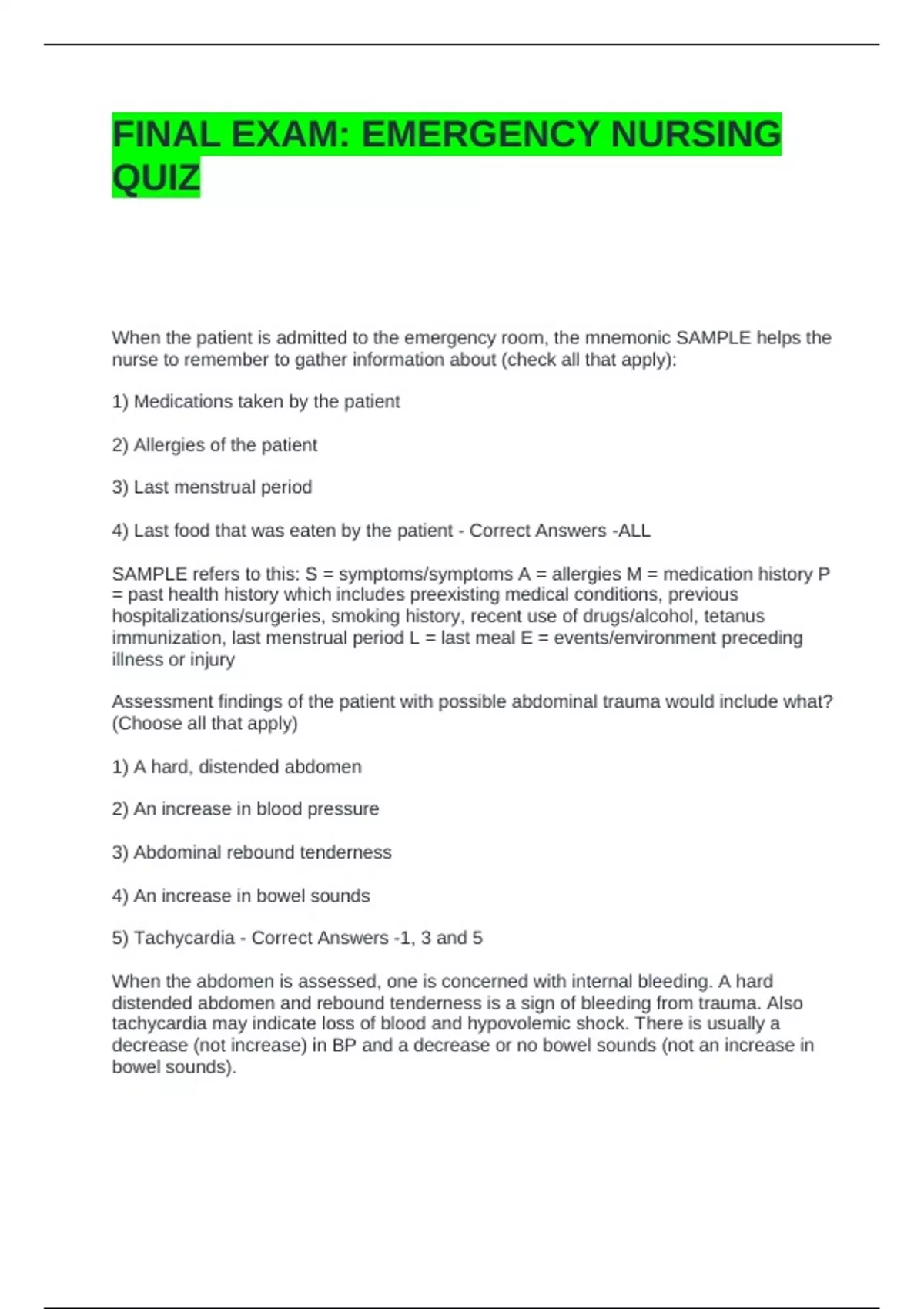 FINAL EXAM EMERGENCY NURSING QUIZ WITH COMPLETE SOLUTIONS - Ena - Stuvia US