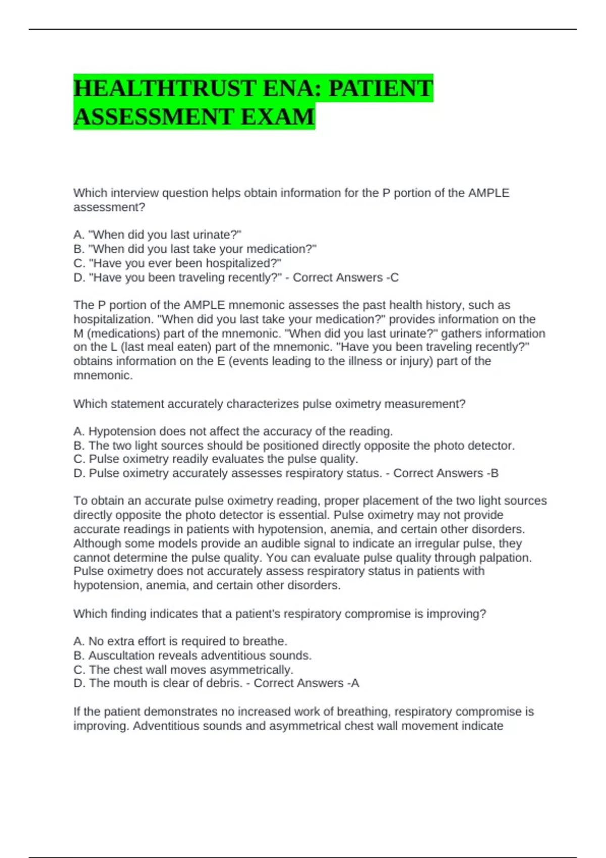 HEALTHTRUST ENA PATIENT ASSESSMENT EXAM WITH COMPLETE SOLUTIONS - Ena - Stuvia US