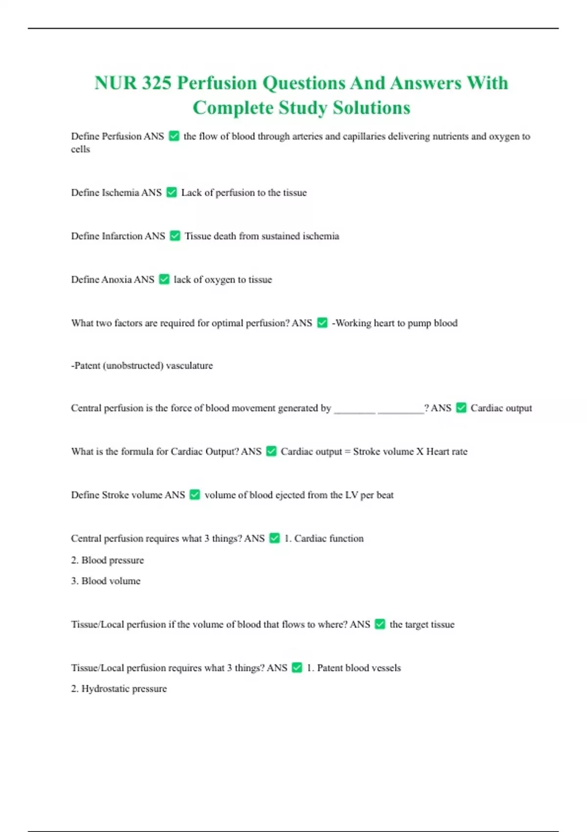 NUR 325 Perfusion Questions And Answers With Complete Study Solutions ...