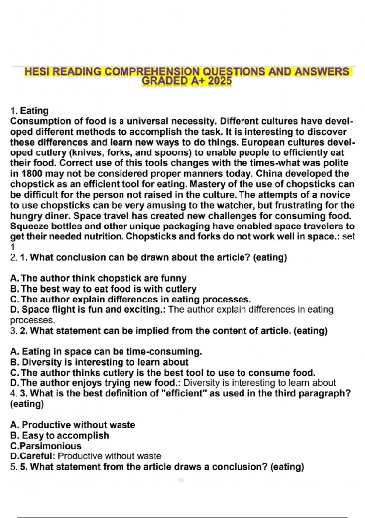 HESI READING COMPREHENSION QUESTIONS AND ANSWERS GRADED A+ 2025 - HESI ...