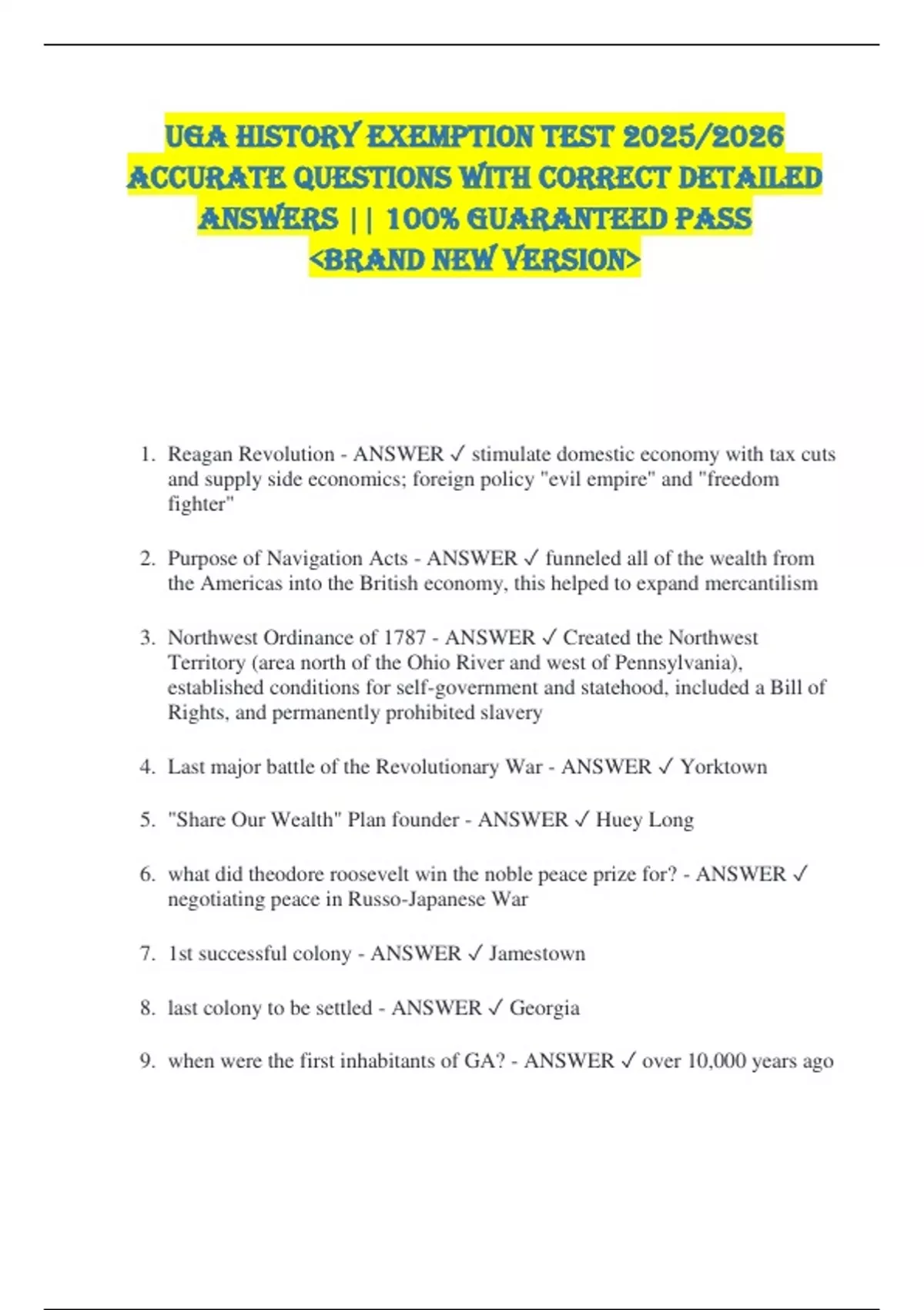 UGA History Exemption Test 2025/2026 ACCURATE QUESTIONS WITH CORRECT ...