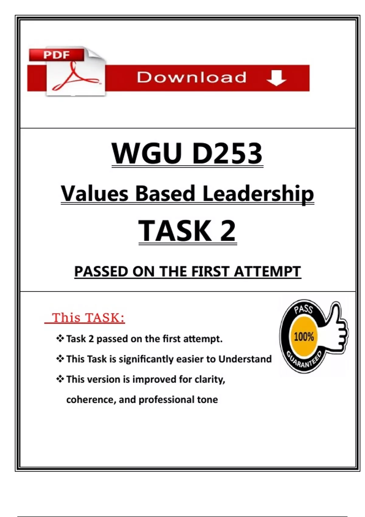 D253 Task 2 Values-Based Leadership - 2025 (Passed First Attempt) - D253 - Stuvia US