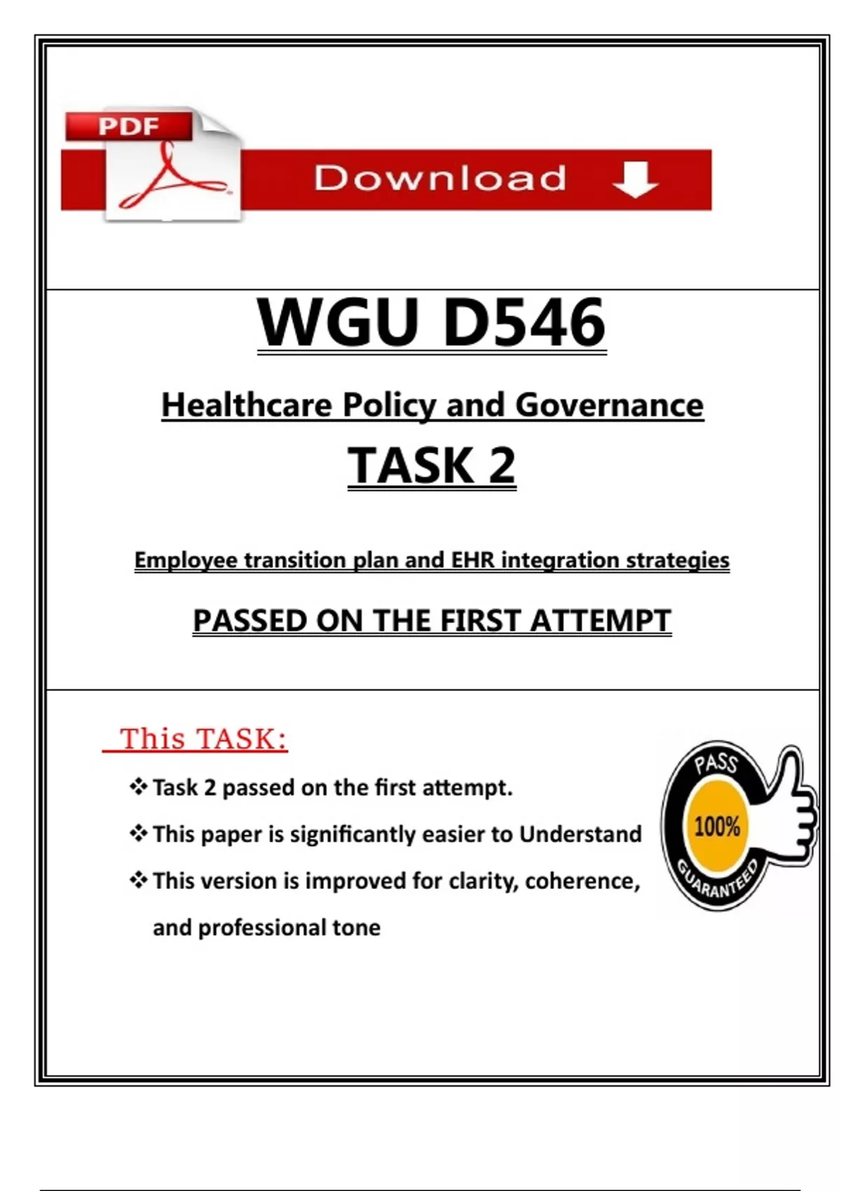 D546 Task 1 & Task 2 (Passed First Attempt) Healthcare Policy and Governance – Complete ...