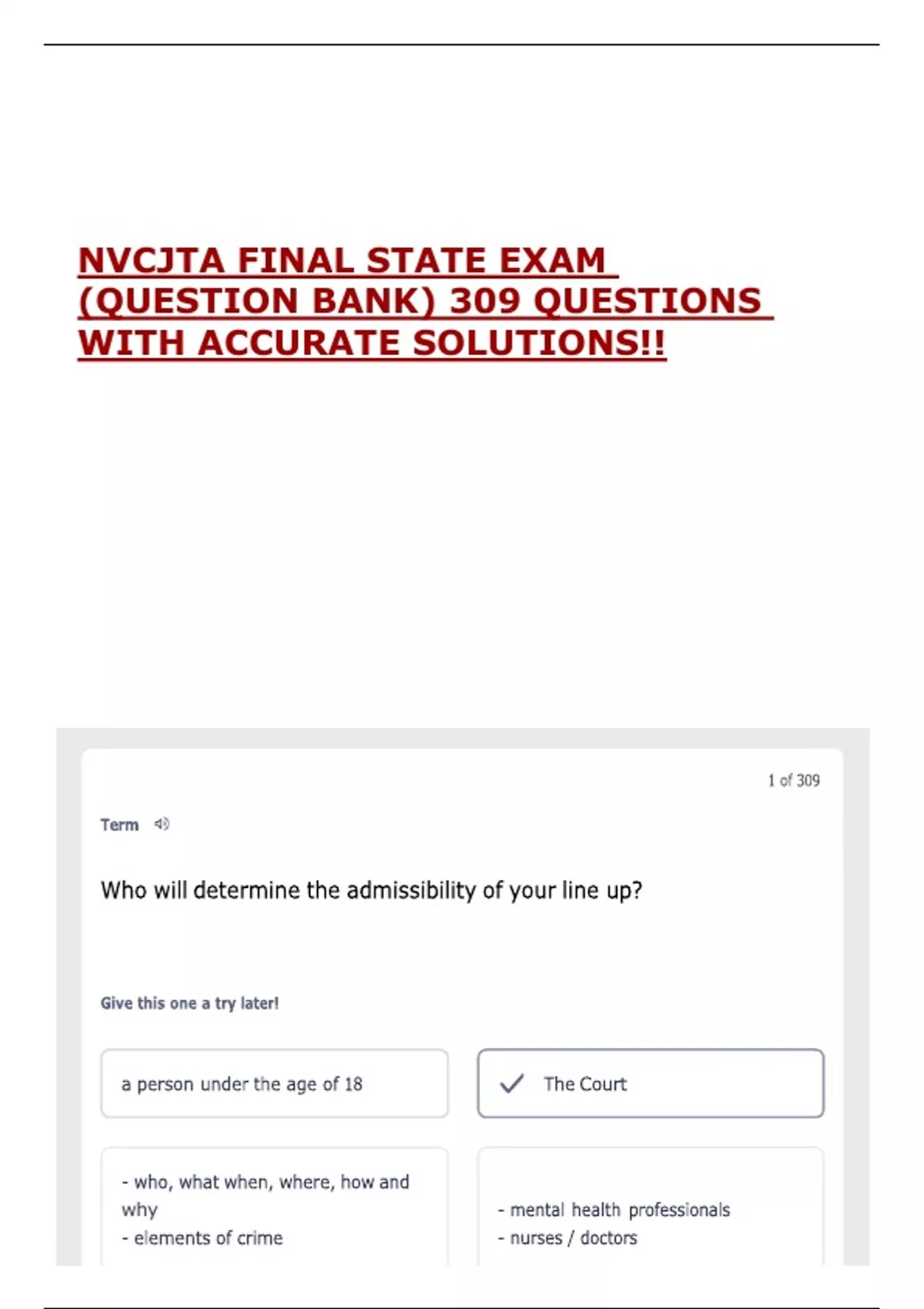 NVCJTA FINAL STATE EXAM (QUESTION BANK) 309 QUESTIONS WITH ACCURATE ...