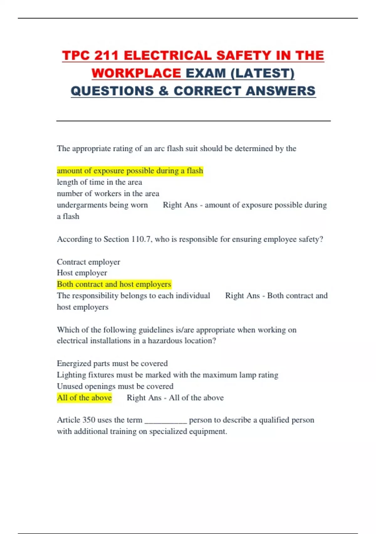 TPC 211 Electrical Safety in the Workplace – Latest Exam Questions with ...