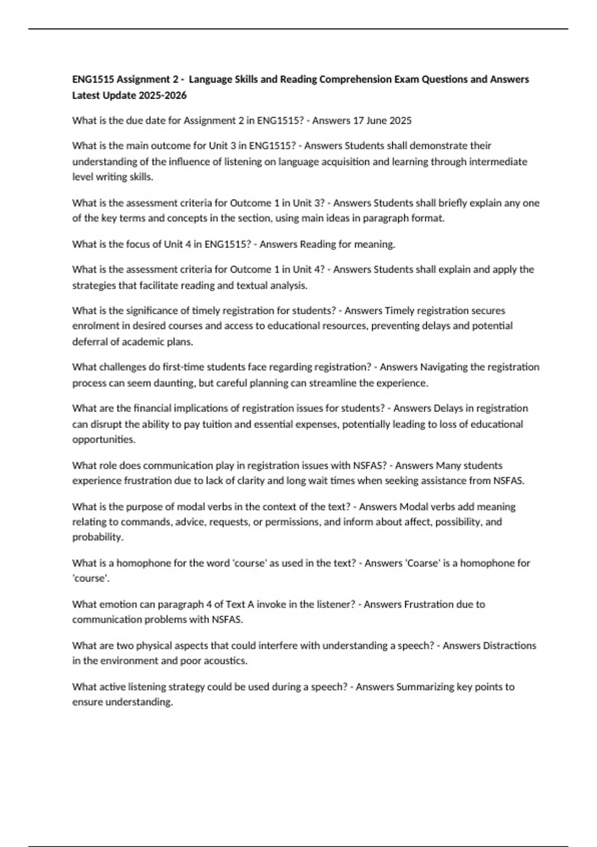 ENG1515 Assignment 2 - Language Skills and Reading Comprehension Exam ...